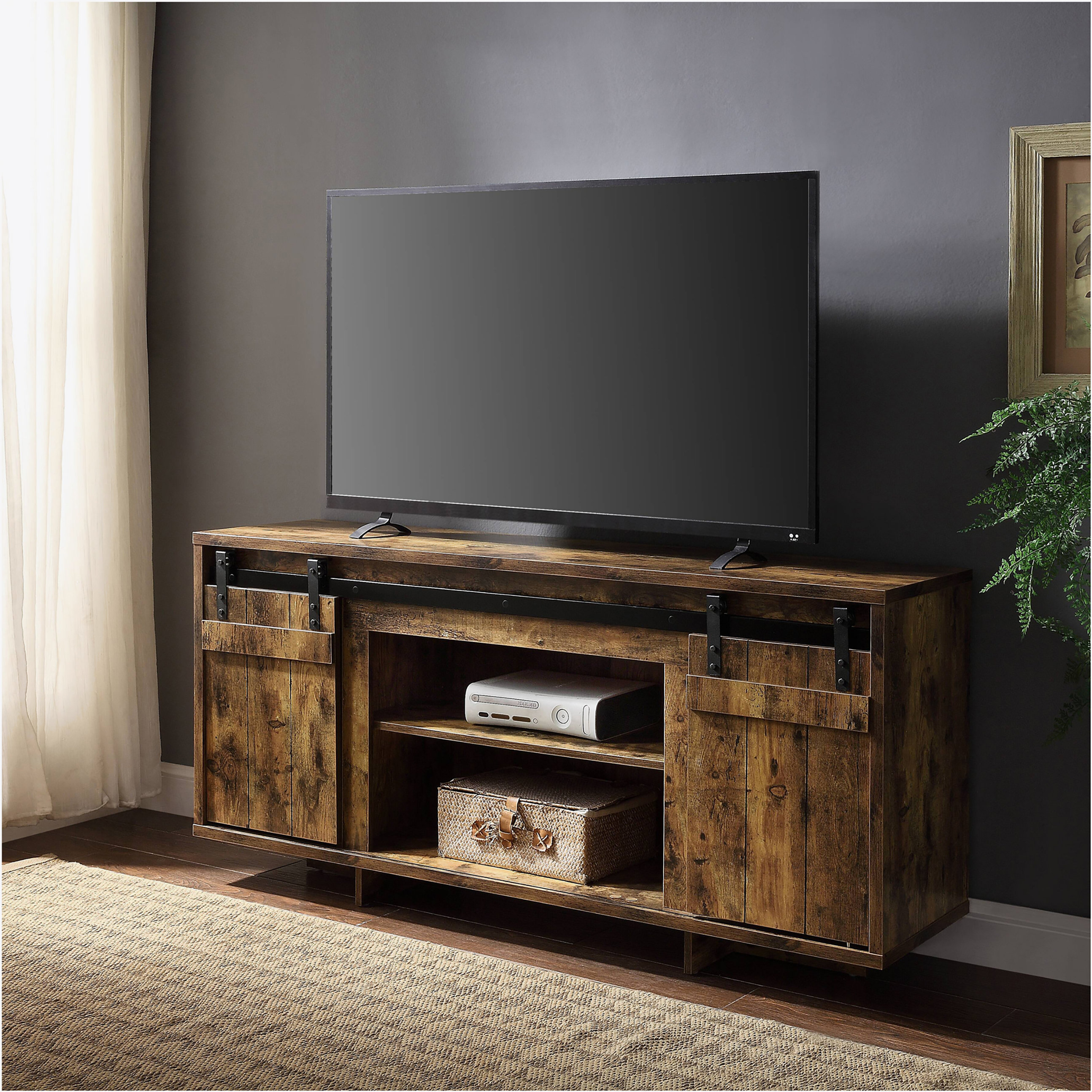 Gracie Oaks Rustic Oak TV Stand with 2 Barn Doors | Wayfair