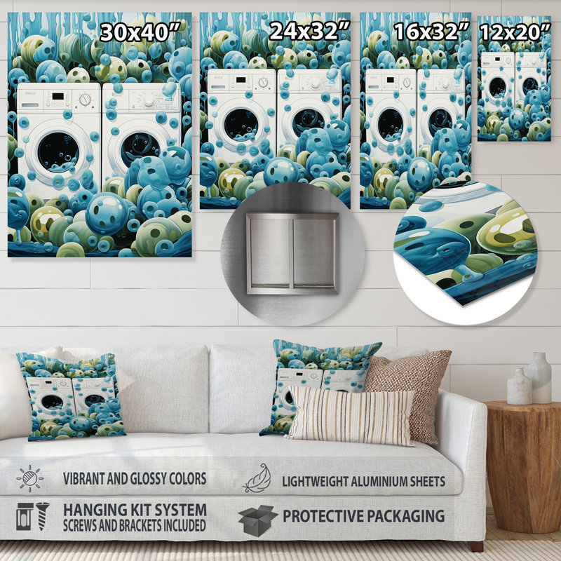 Ivy Bronx Blue And White Landry Bubble Trouble - Laundry Metal Wall Art ...