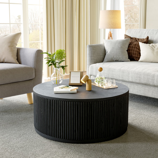 Latitude Run® 36" Round Fluted Coffee Table Solid Wood Drum Table with ...