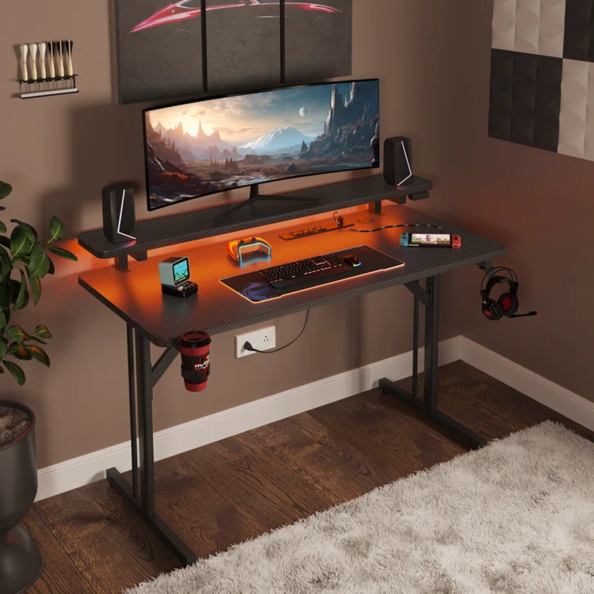 Inbox Zero Marivel Gaming Desk with LED Strips & Cup Holder, Home ...