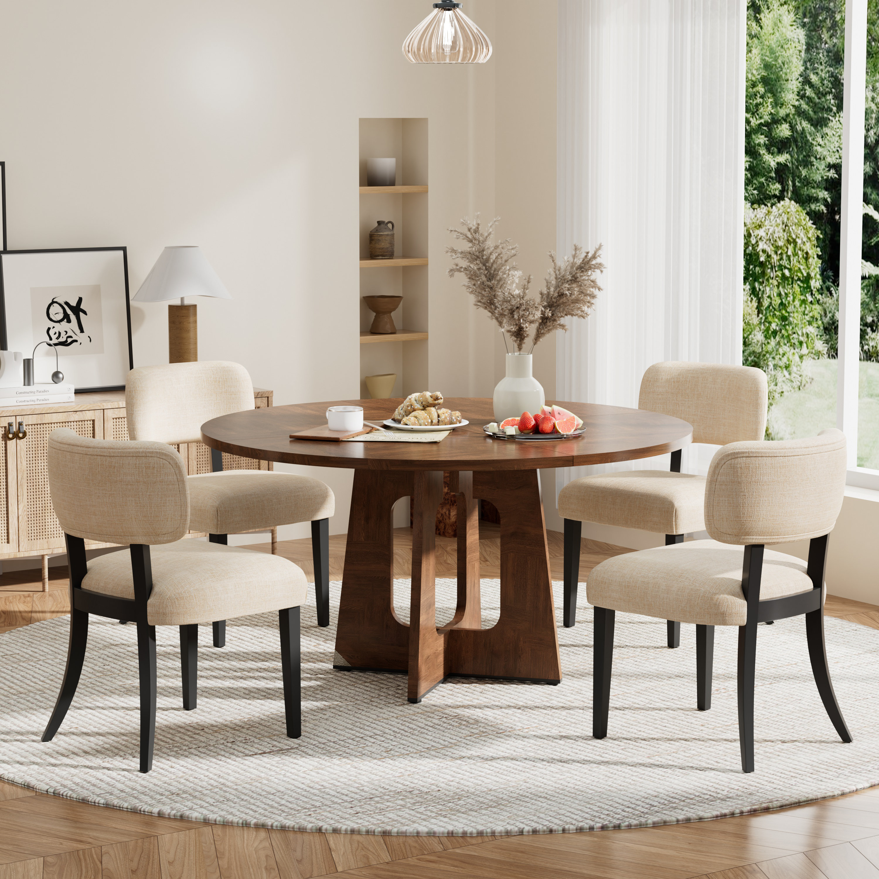 George Oliver 47 Inch Round MDF Dining Table Set with Fabric Dining ...