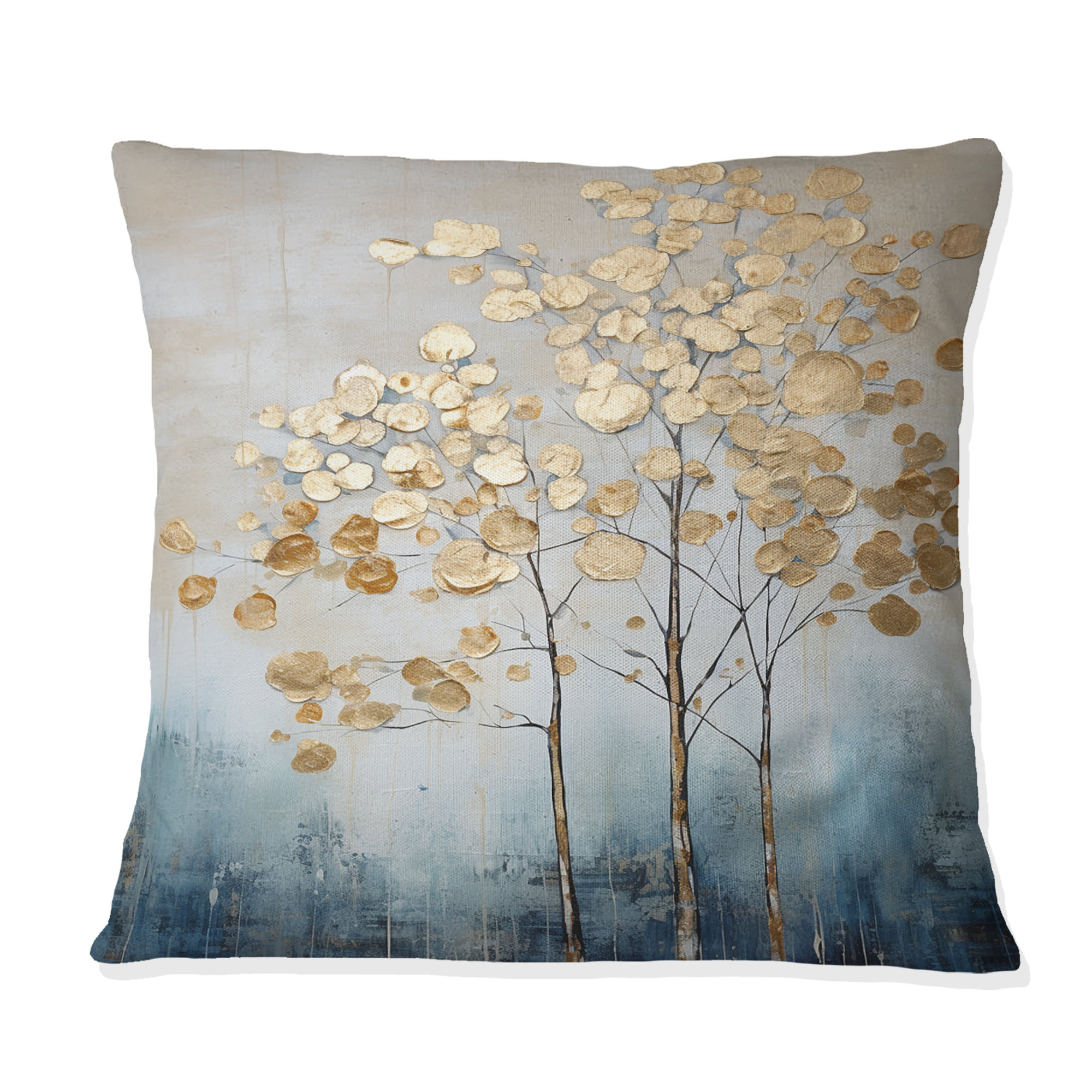 Design Art Gold And Blue Trees Harmony IV - Trees Printed Throw Pillow ...