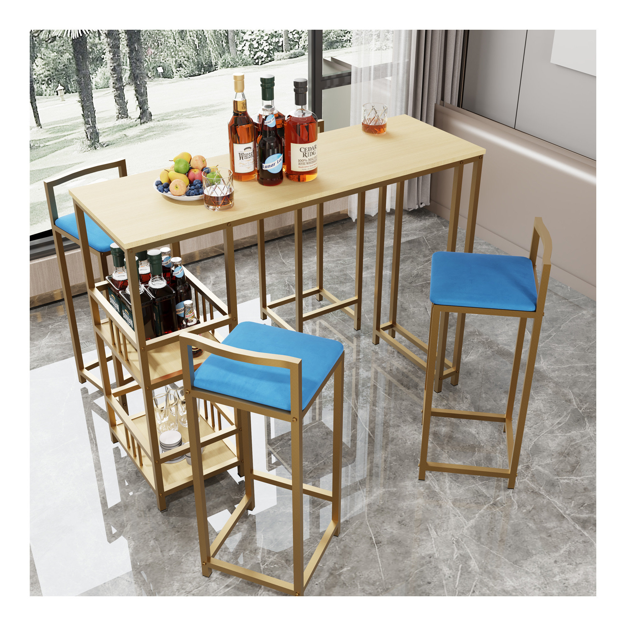 Ebern Designs Bar table and chair five piece set, gold frame, multi ...