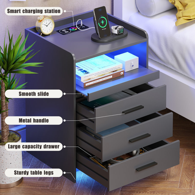 Wrought Studio Eaden 3 Drawer Nightstand With Light & Reviews | Wayfair
