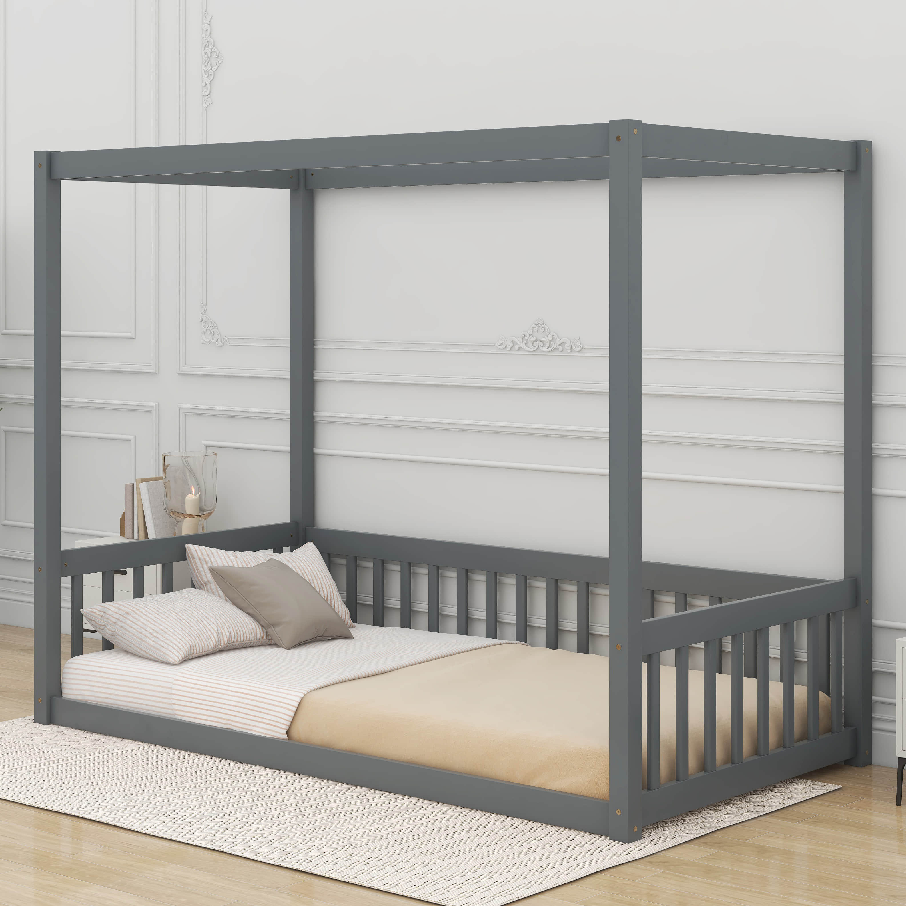 Winston Porter Vacie Canopy Frame Floor Bed With Fence, Guardrails ...