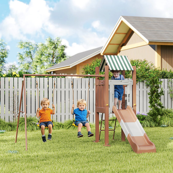Qaba Kids Swing Set for Backyard, Playground Set with 6 FT Slide, 2 ...