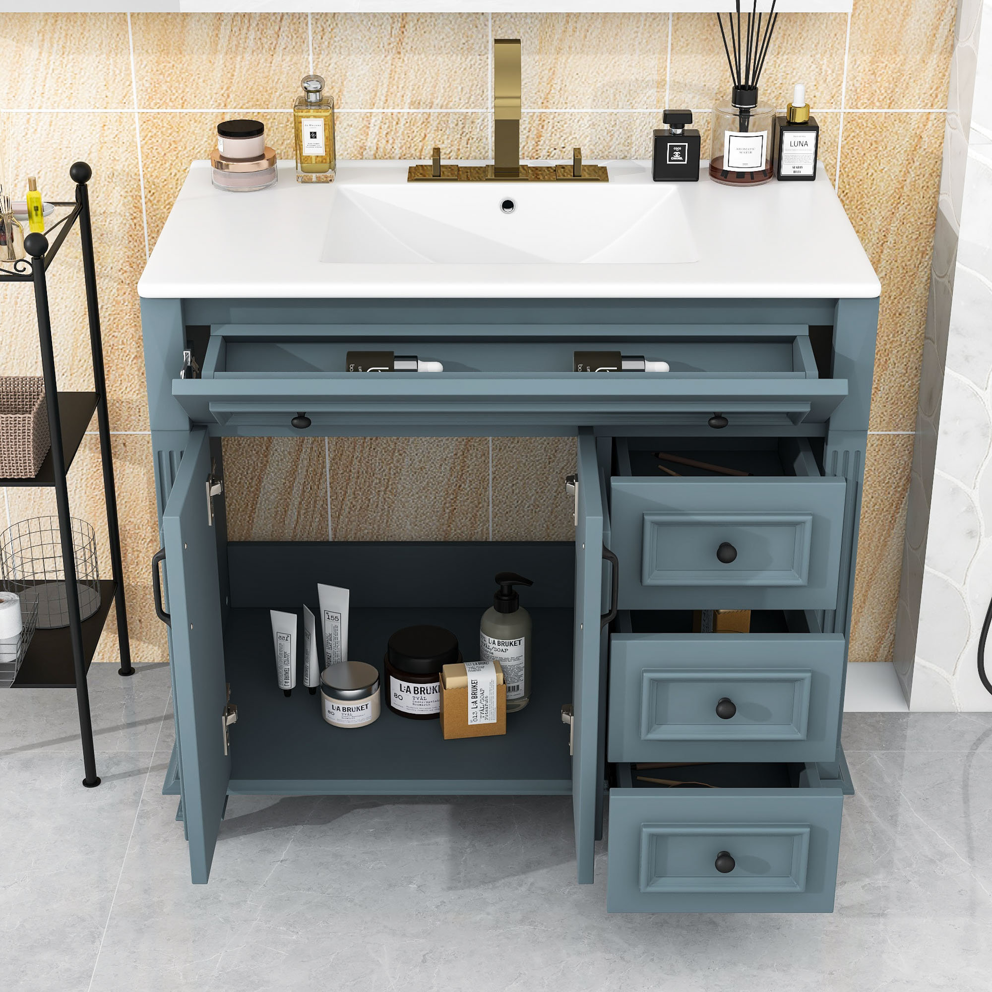 Charlton Home® Freestanding Bathroom Vanity with Ceramic Sink, Flip-Out ...
