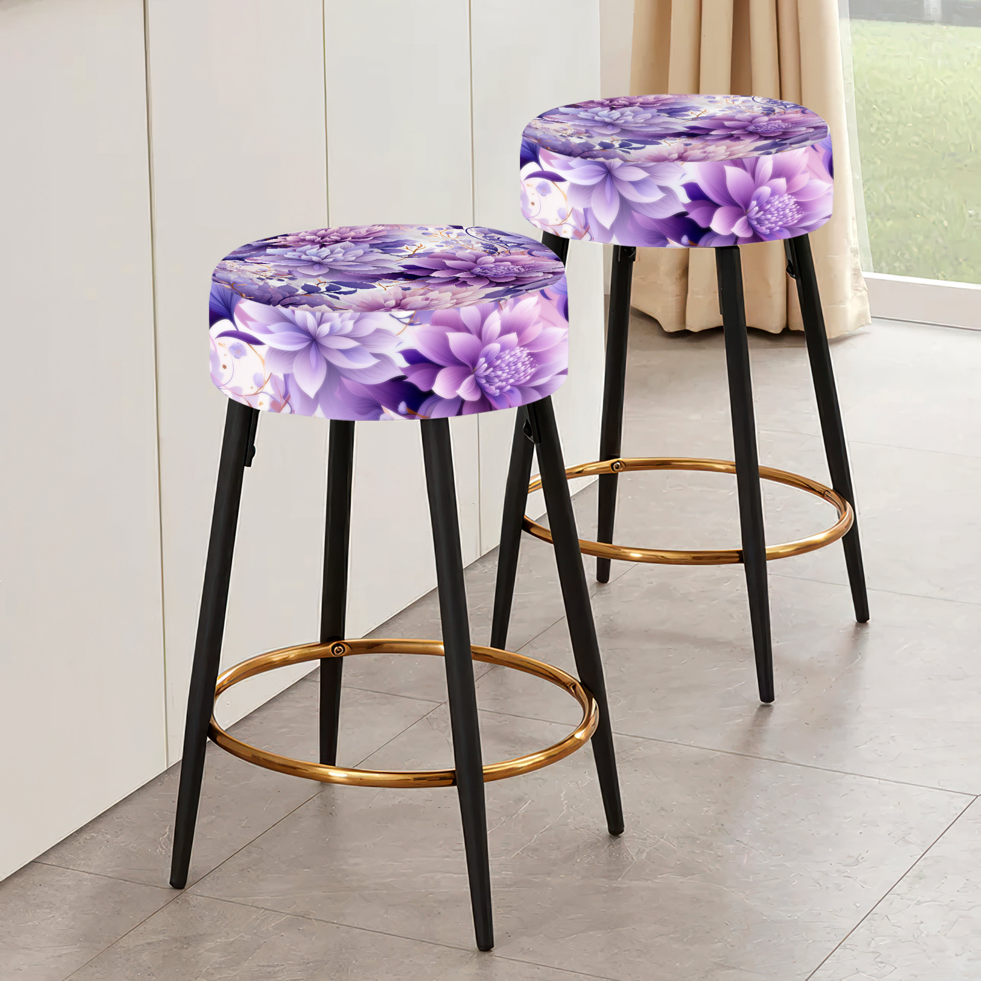 Design Art Purple Poppies Harmony - Floral Bar Stools Set Of 2 | Wayfair