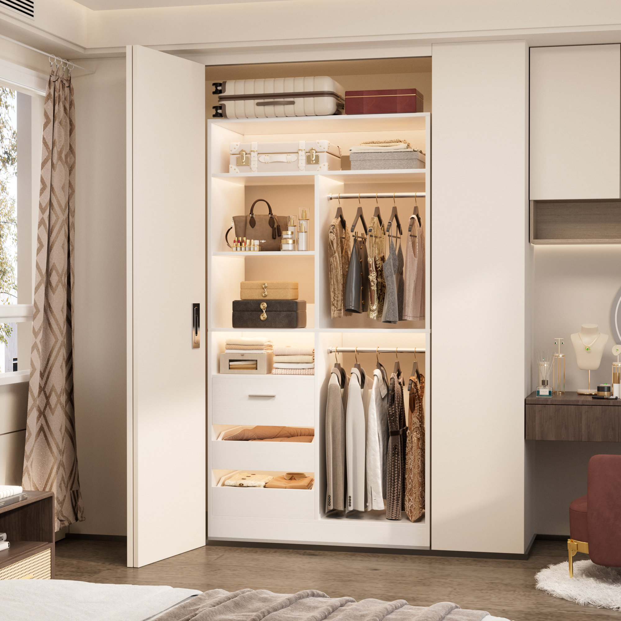 Ebern Designs 36" Closet System With 3 Drawers And 2 Rods, Shoes ...