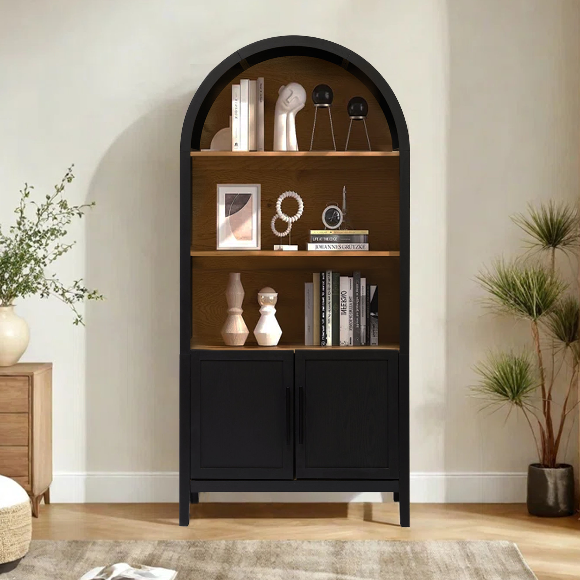 Lark Manor Arched Bookcase Display Cabinet Bookshelf With Cabinet ...
