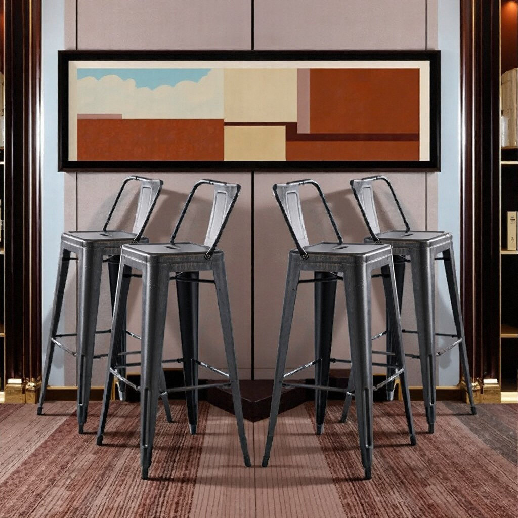17 Stories Sanded Matte Black Industrial Bar Stool Set - (Set of 4 ...