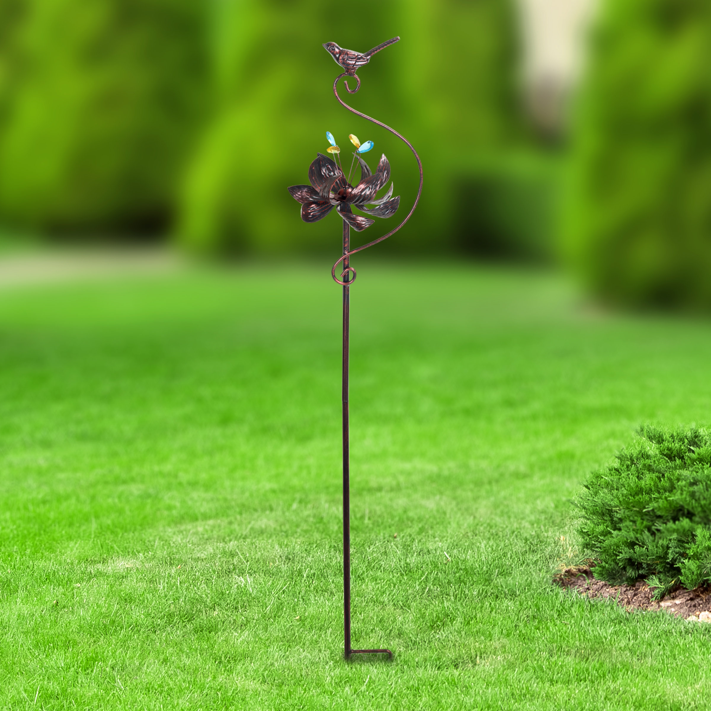 Exhart Kinetic Lotus with Bird Spinner Garden Stake, 8 by 42.5 Inches ...