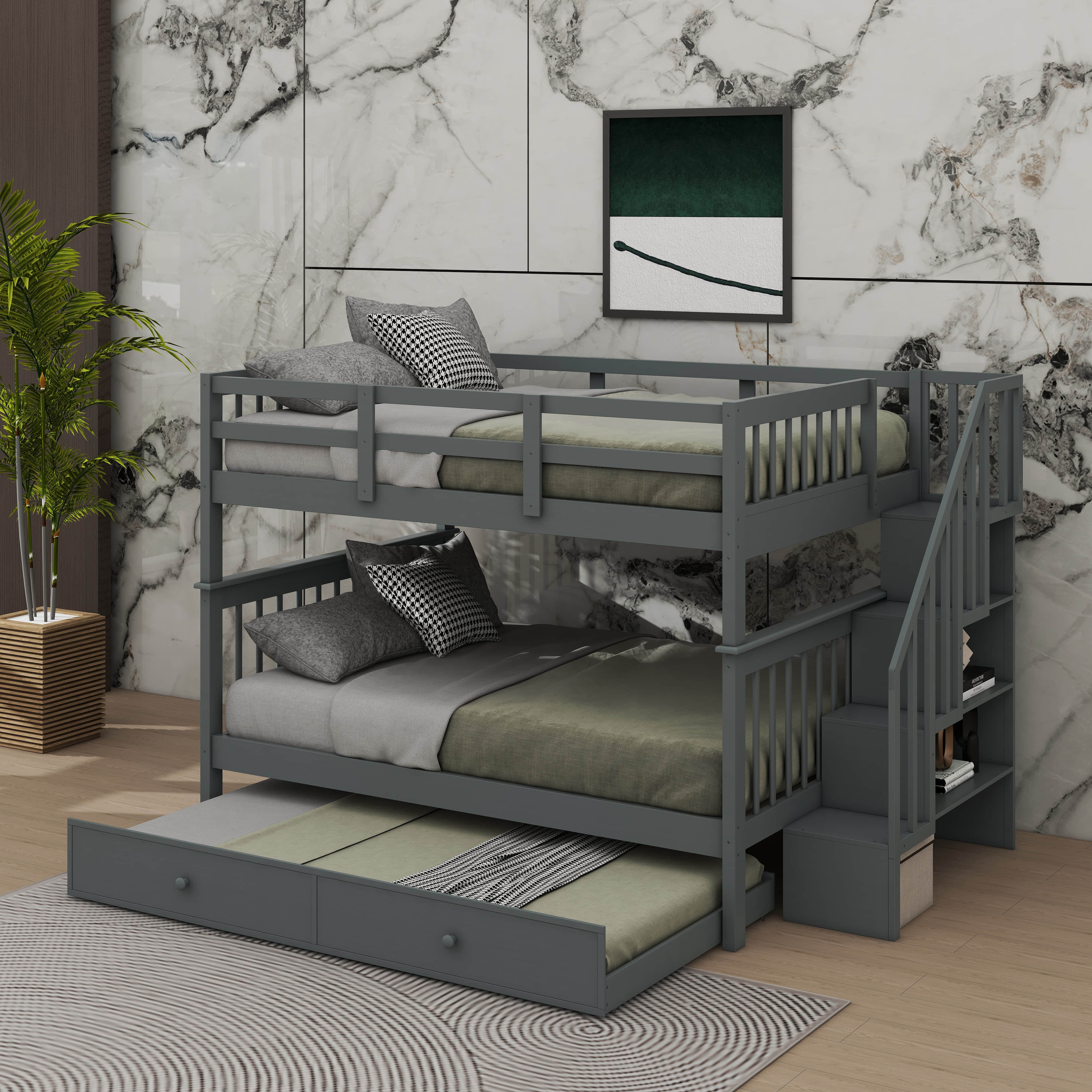 Harriet Bee Dreamy Full-Over-Full Bunk Bed With Twin Trundle, Storage ...
