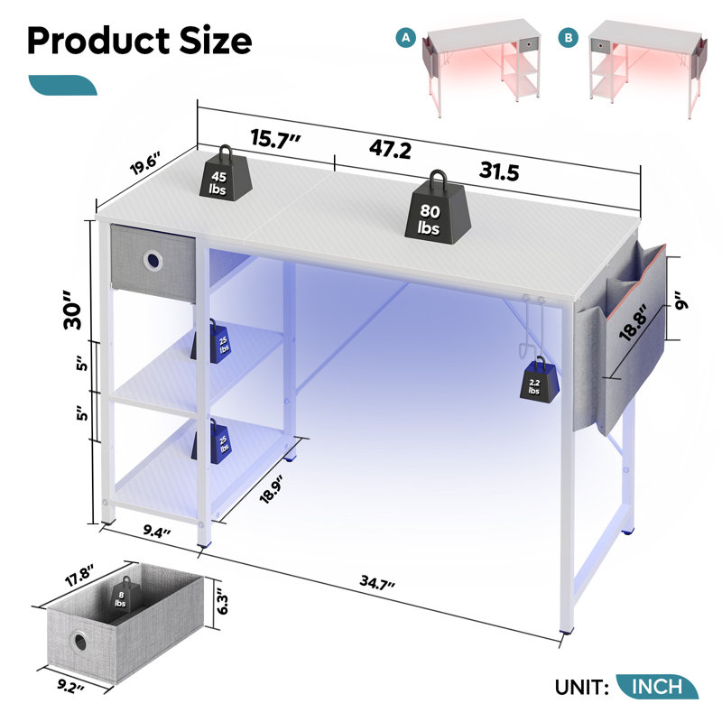 Wrought Studio™ 47 Inch Gaming Desk with LED Lights Small Computer ...