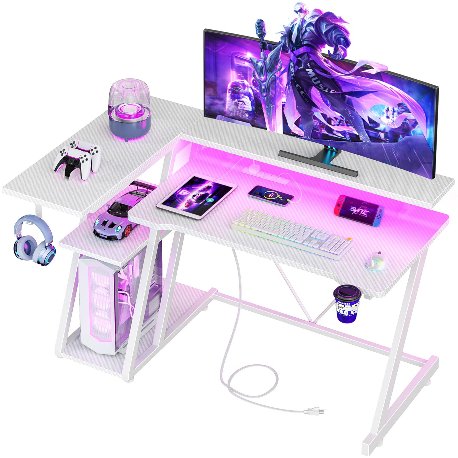 Ivy Bronx Gaming Desk With Power Outlet & LED Lights,Computer Gaming ...