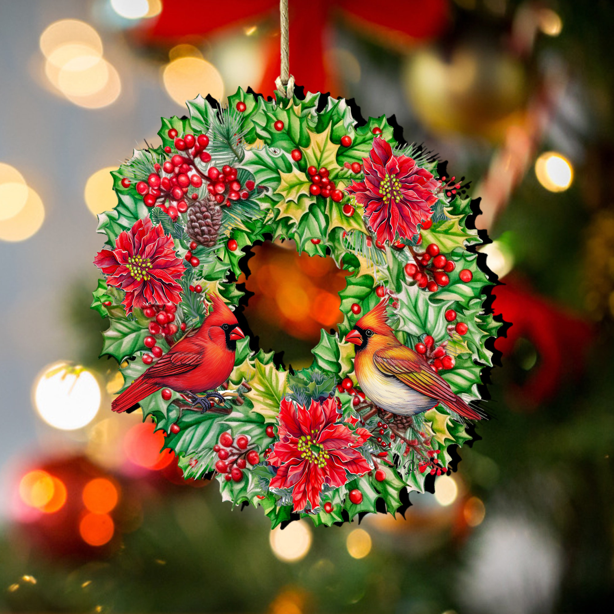 Designocracy Holiday Cardinal Garland Wreath Wooden Ornament by G ...