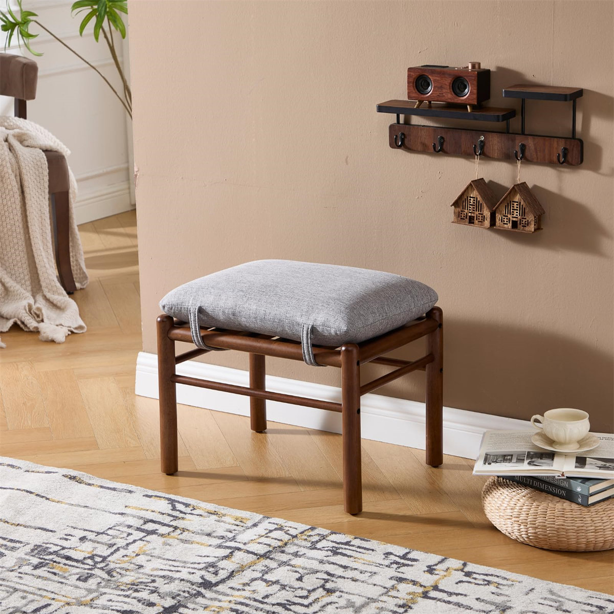 Hokku Designs Modern Wood Foot Rest With Linen Removable Cushion ...