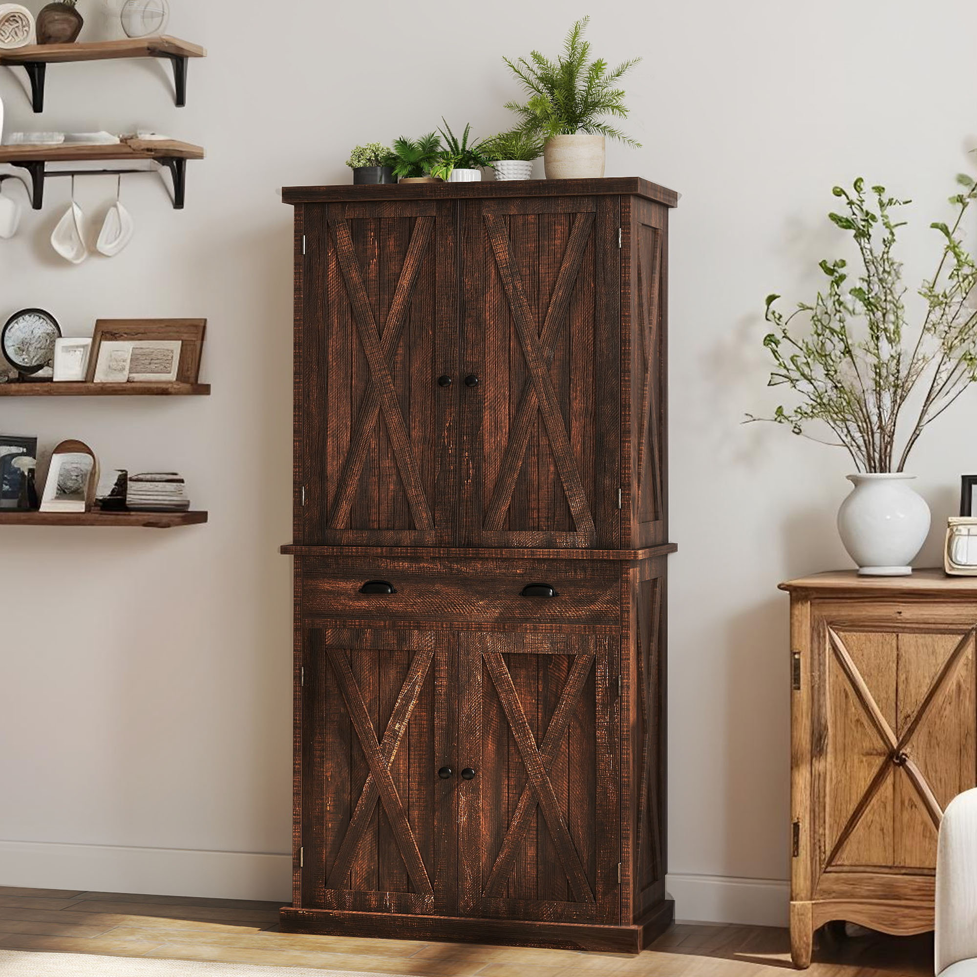 Gracie Oaks 72.4" Farmhouse Kitchen Pantry Cabinet, Pantry Storage ...