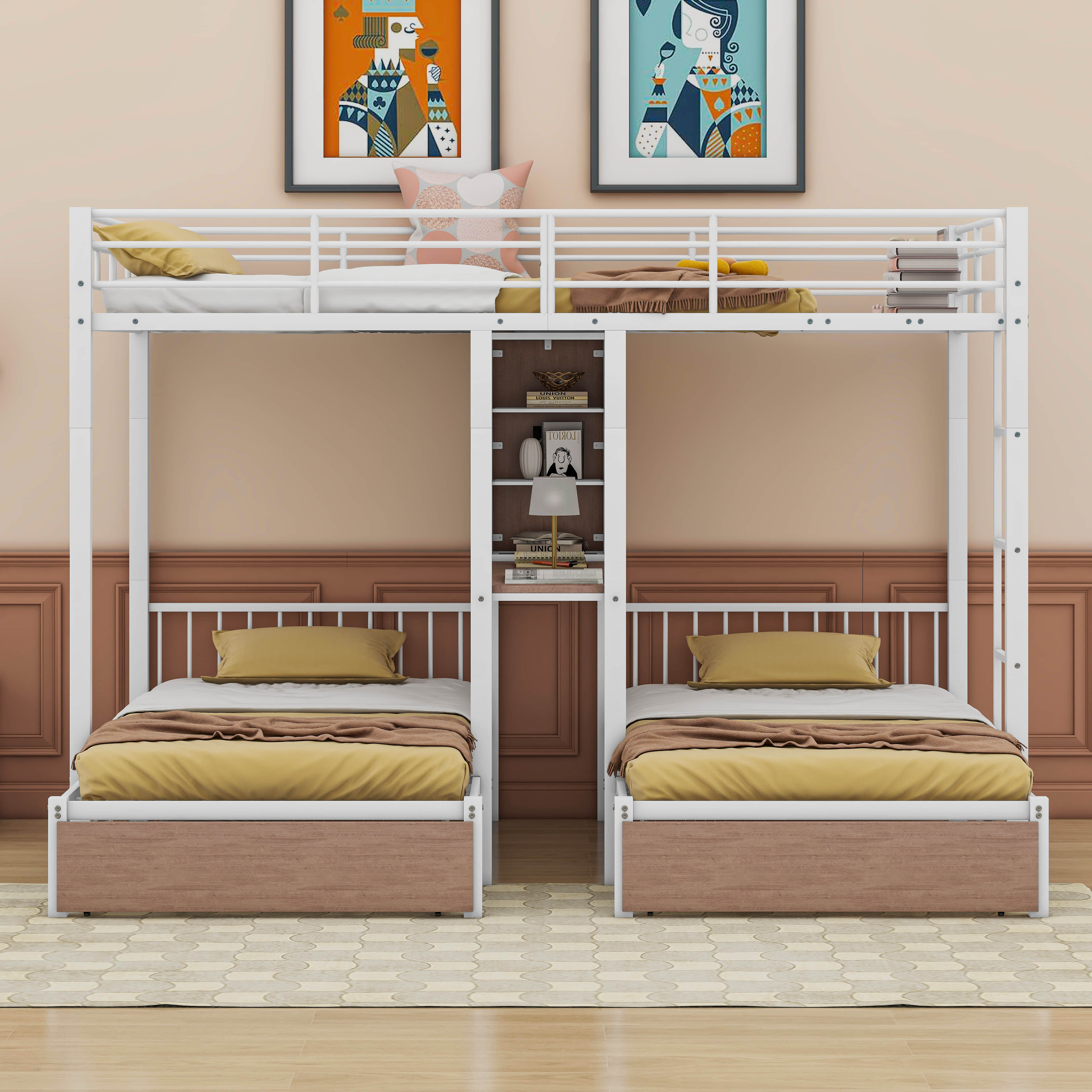 Cosmic Twin over Full 2 Drawer Metal Futon Bunk Bed with Bookcase and ...