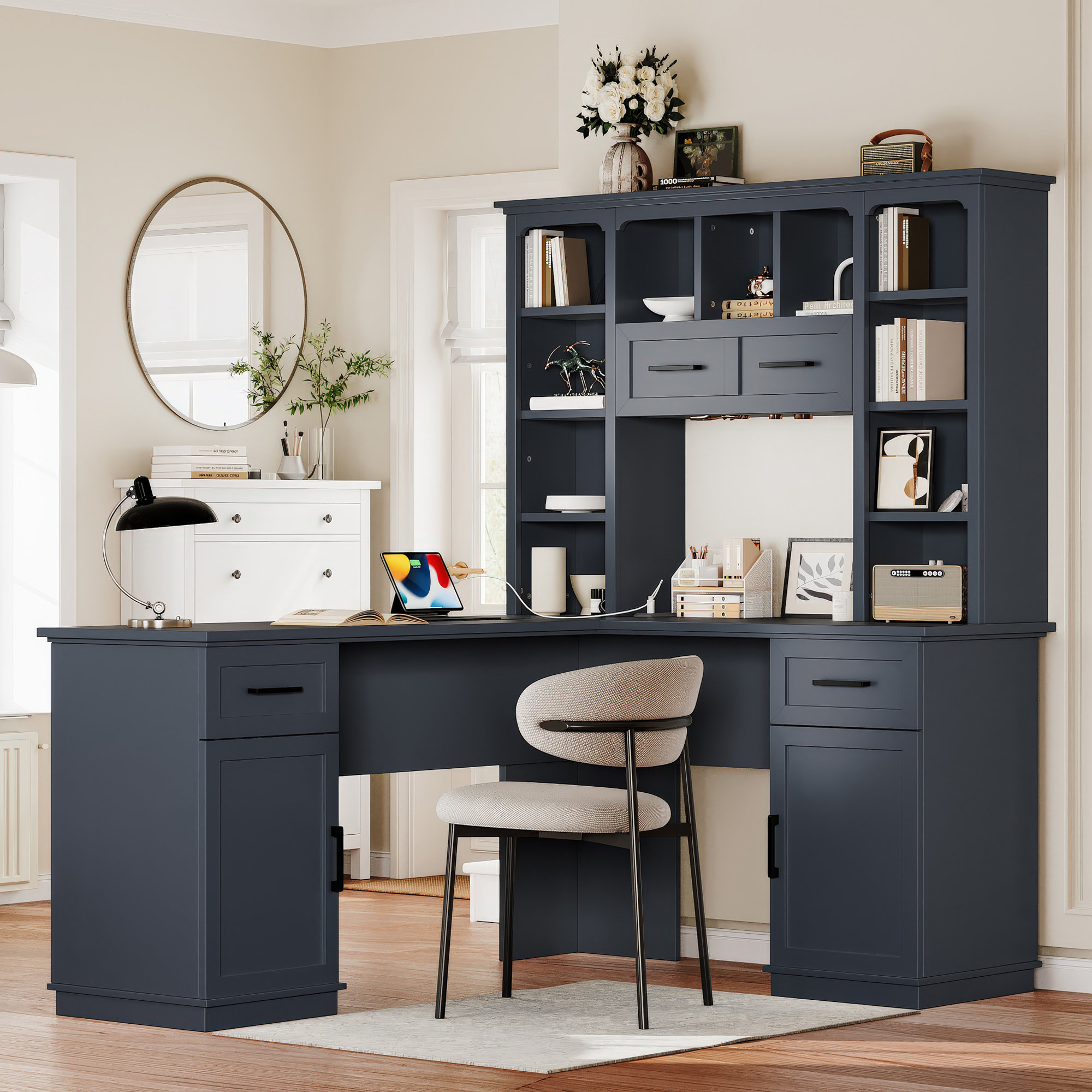 One Allium Way® L-Shaped Computer Desk with 2 Cabinets and 2 Drawers ...