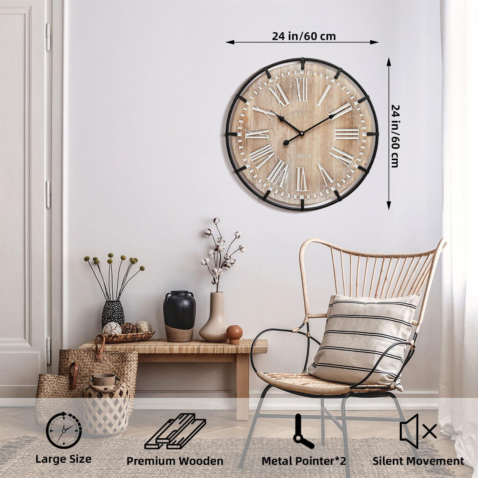 One Allium Way Large Farmhouse Wall Clock, 24 Inch Rustic Wooden Wall ...