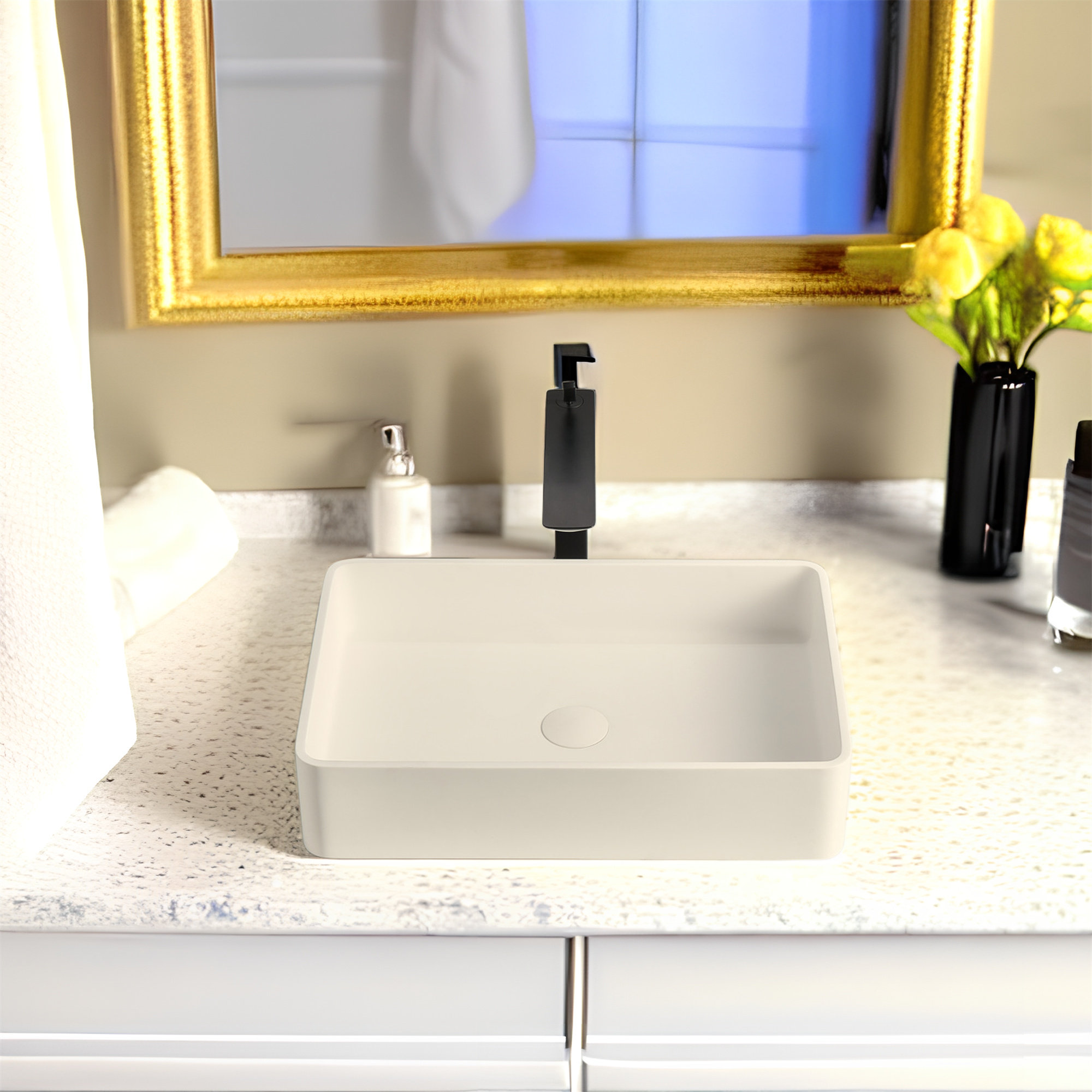 MONSFEST Matte White Bathtoom Vessel Basin Artificial Stone Solid Surface Countertop Sink ...