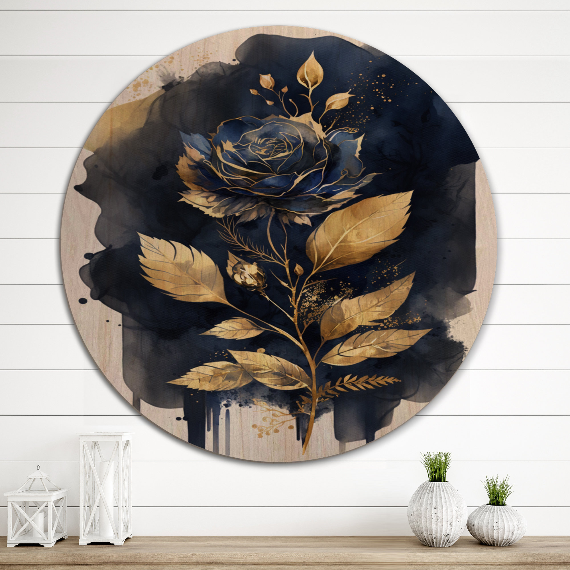 House of Hampton® Blue And Gold Painted Rose On White III - Floral Rose ...