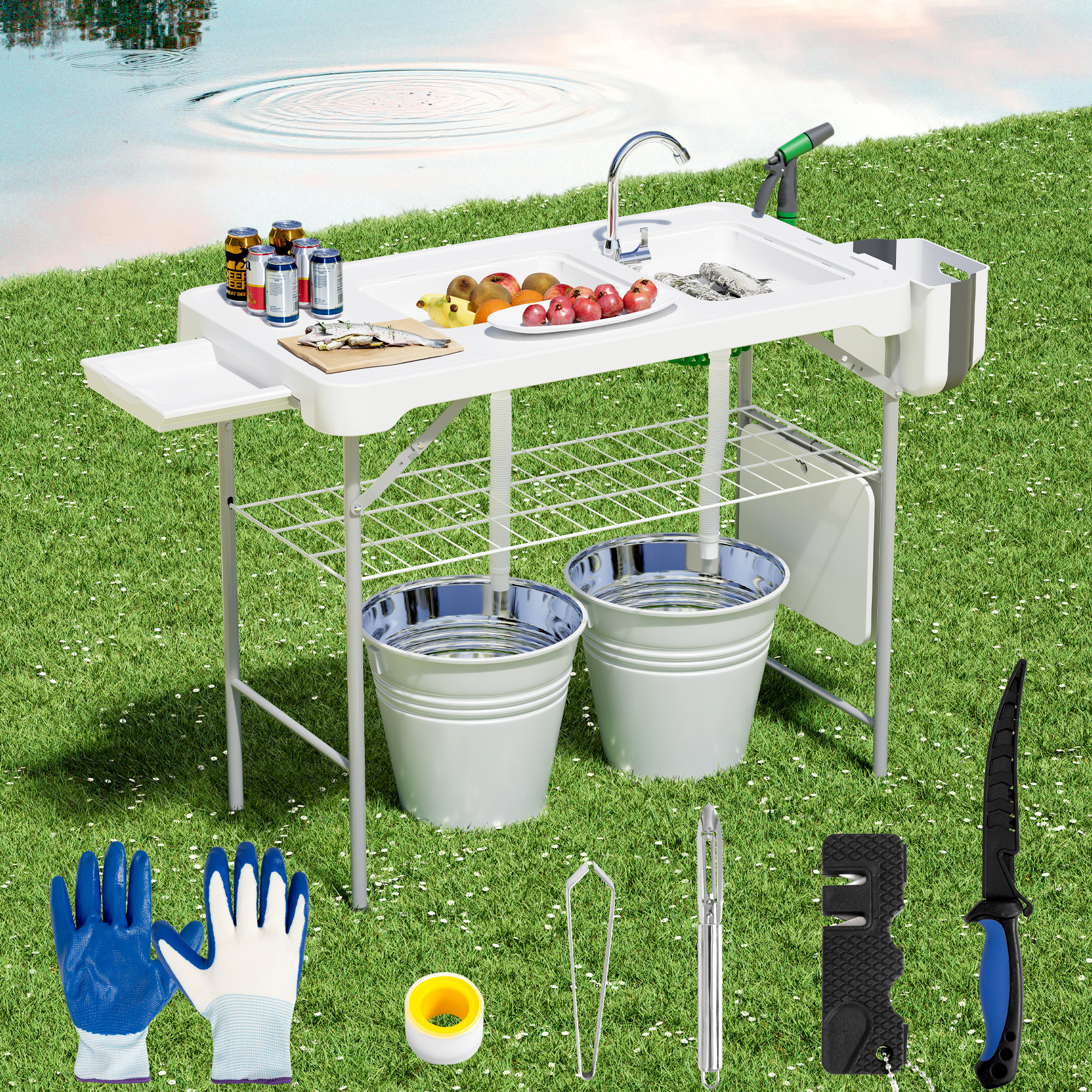 LHBcraft 35.8'' H Outdoor Foldable Fish Cleaning Table / Camping Table ...
