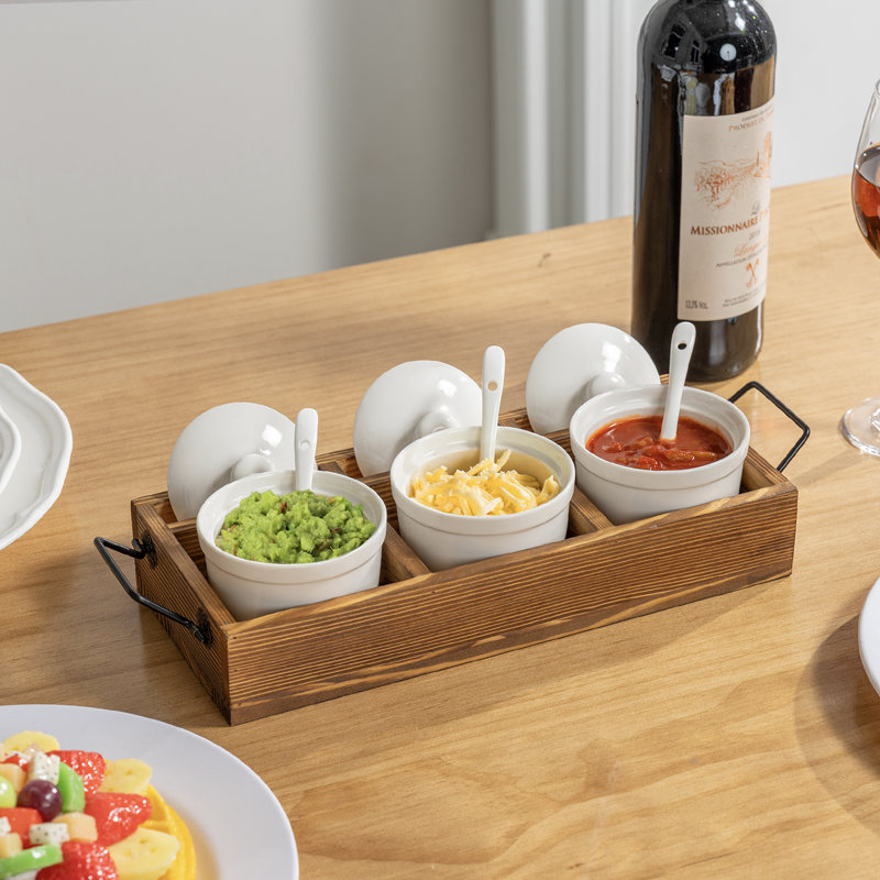 Gracie Oaks 3 Ceramic Condiment Servers with Serving Tray | Wayfair