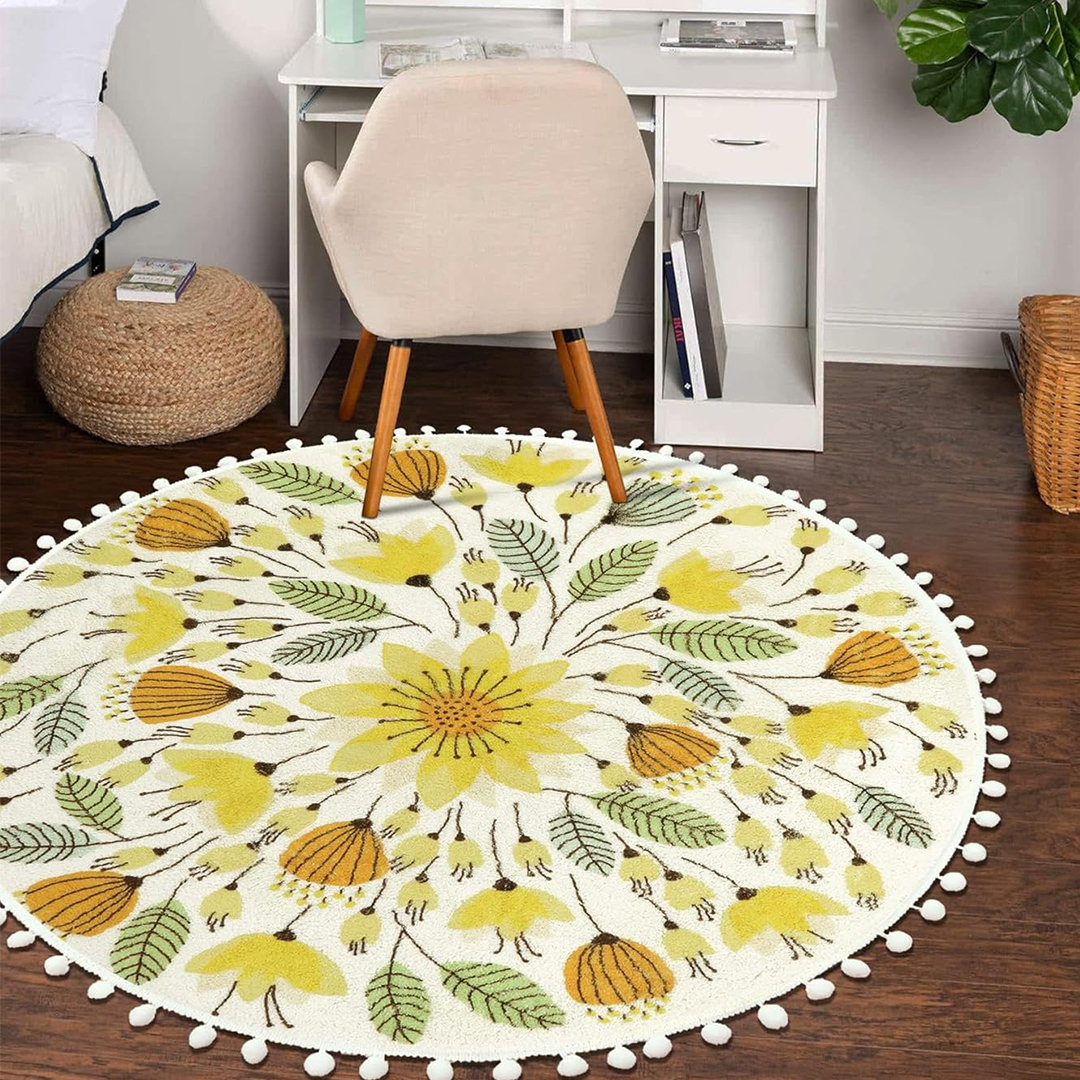 Isabelline Yellow 4' Circle Cute Area Rug,Round Rug for Bedroom,Soft ...