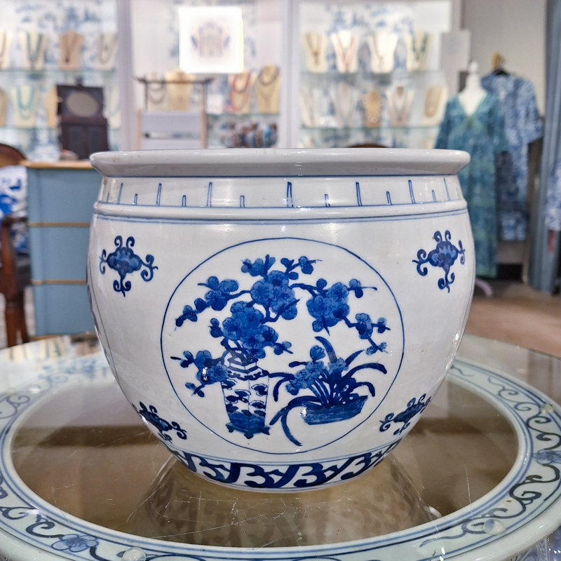 Danny's Fine Porcelain White/Blue Garden Scene Basin Pot Planter | Perigold