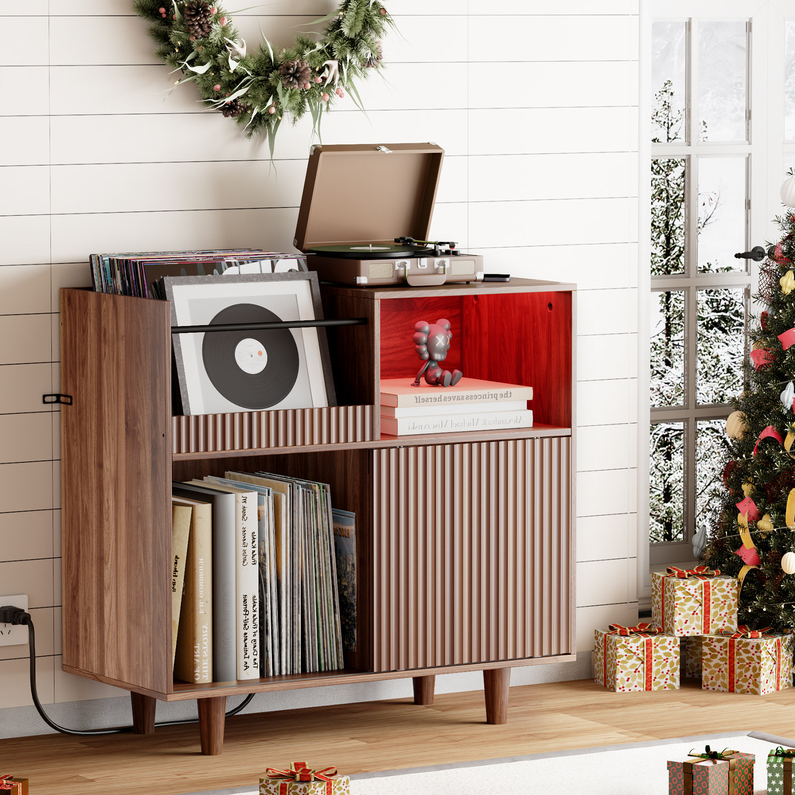 17 Stories Retro Record Player Stand With LED Lights & Power Outlets ...
