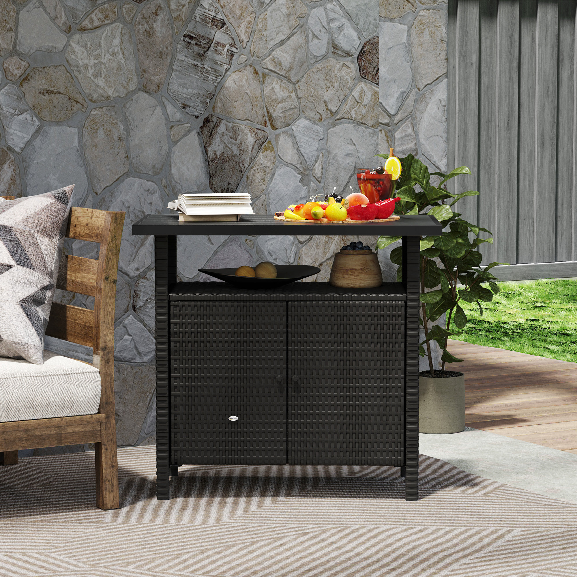 Outsunny Wicker Outdoor Storage Cabinet, Rattan Outdoor Bar Table with ...