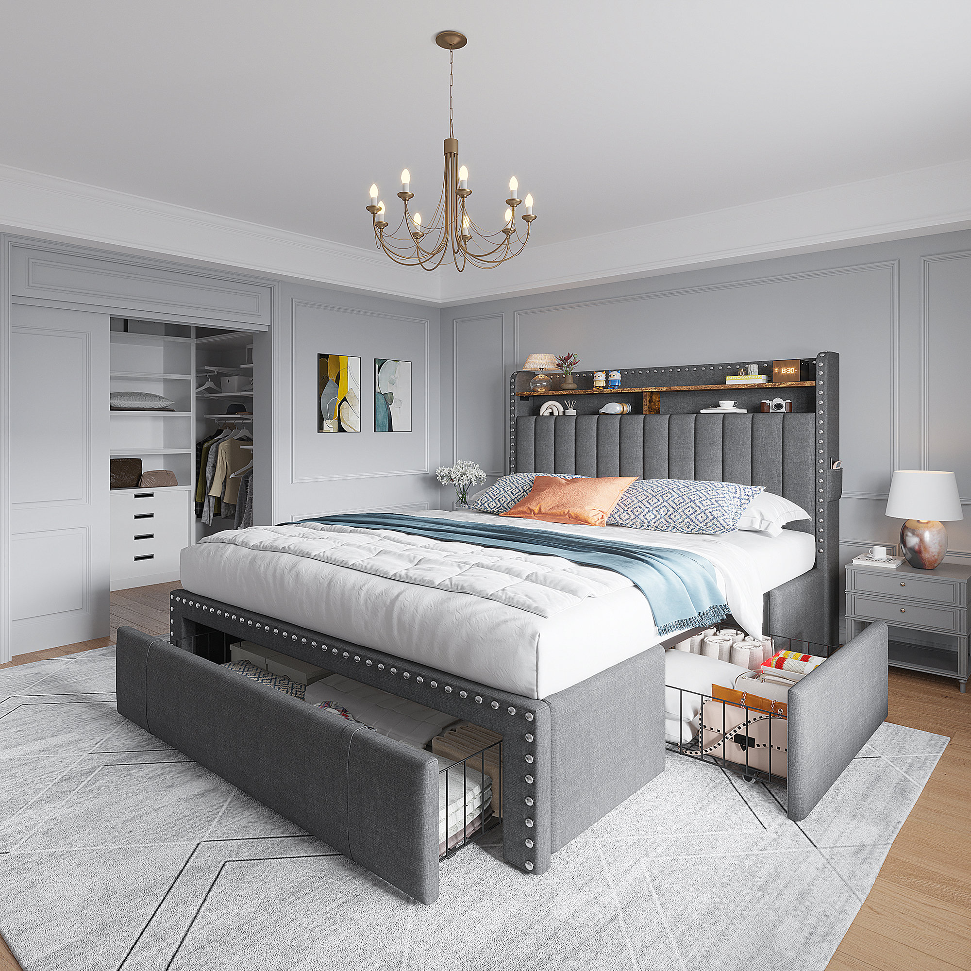 House of Hampton® Bed Frame with 3 Storage Drawers Upholstered Bed ...