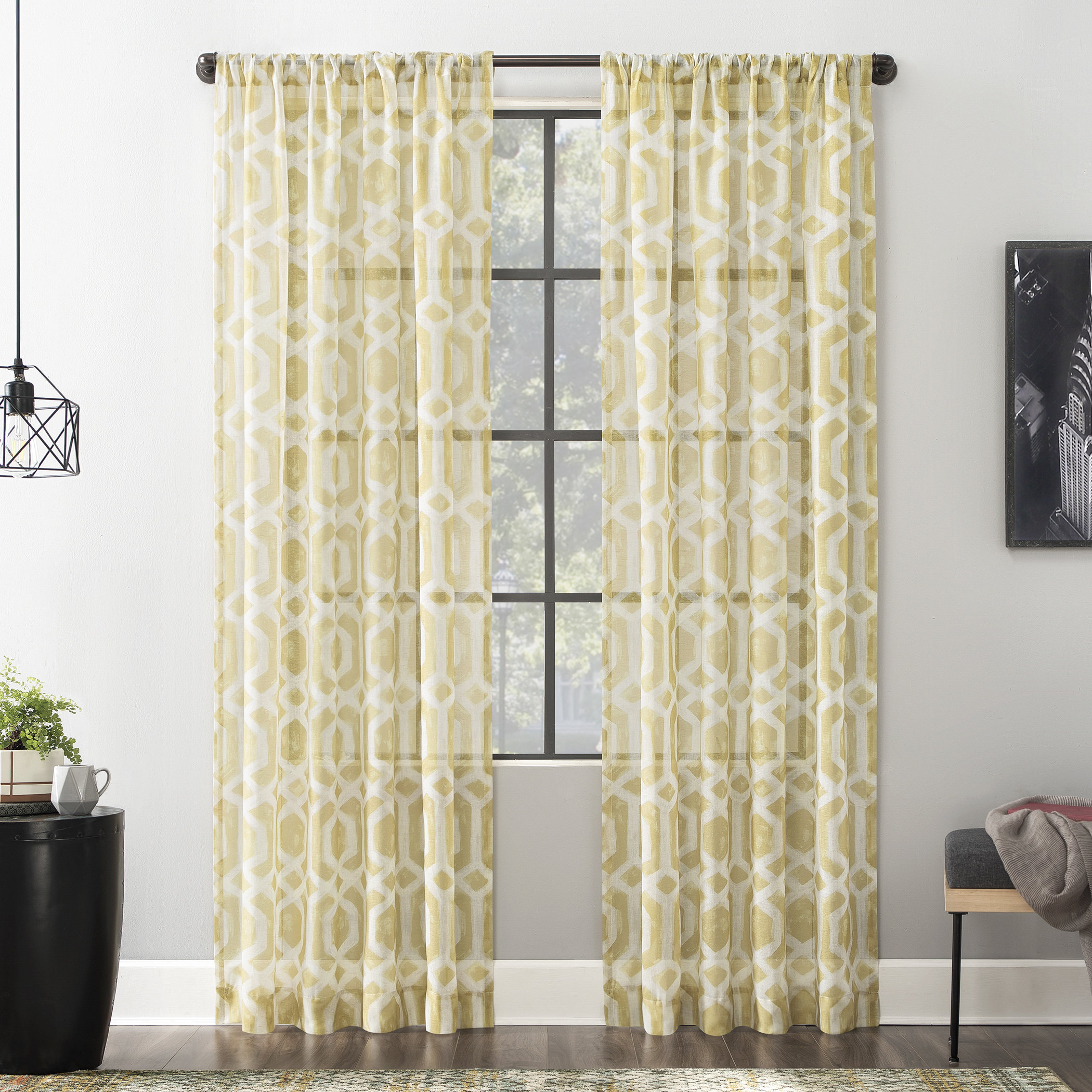 Scott Living Sloane Trellis Print Linen Blend Sheer Rod Pocket Curtain ...