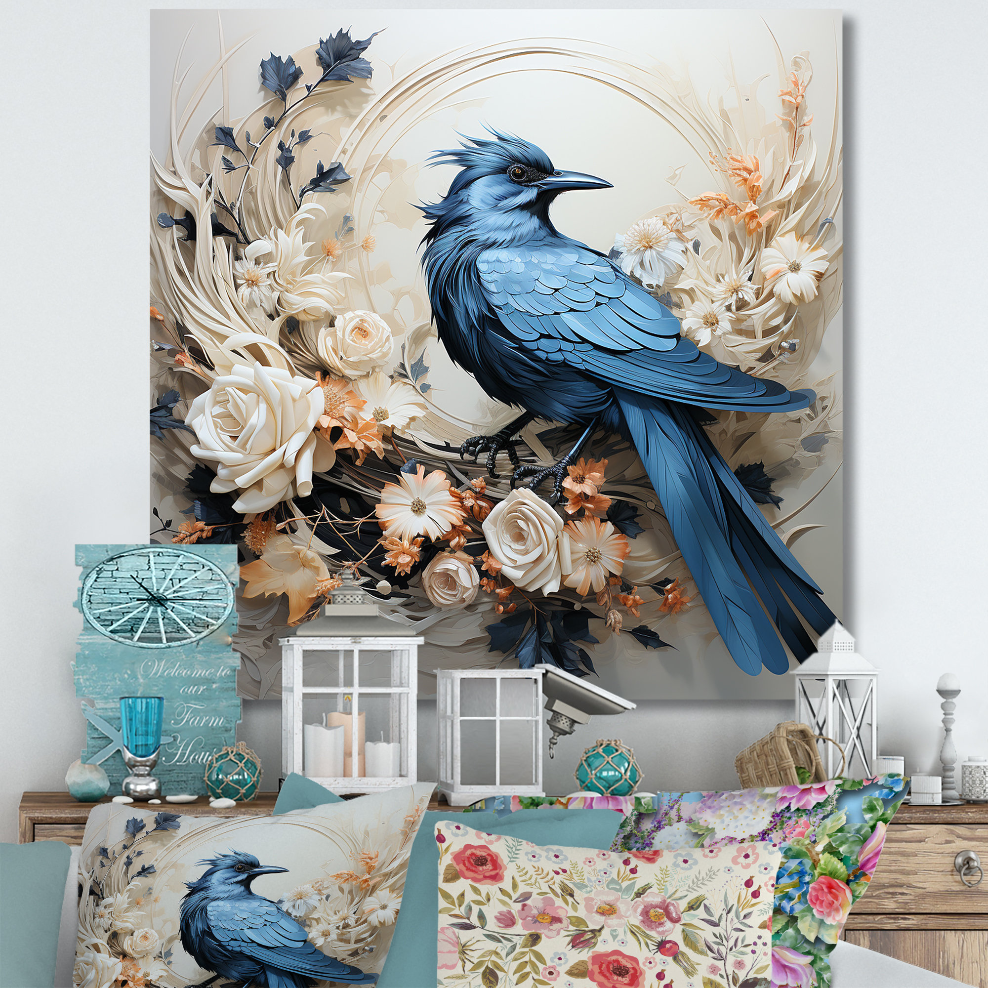 Design Art Bird Minimalism White Flowers Carnation - Animals Wall Art ...