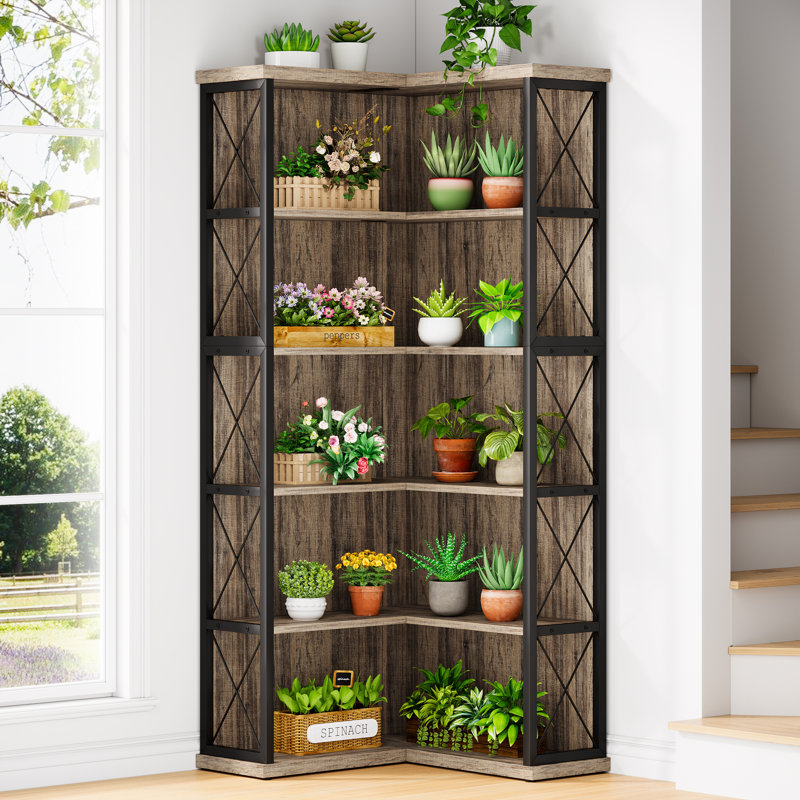 17 Stories 5 Tier Large L-Shaped Corner Bookcase, Corner Bookshelf with ...