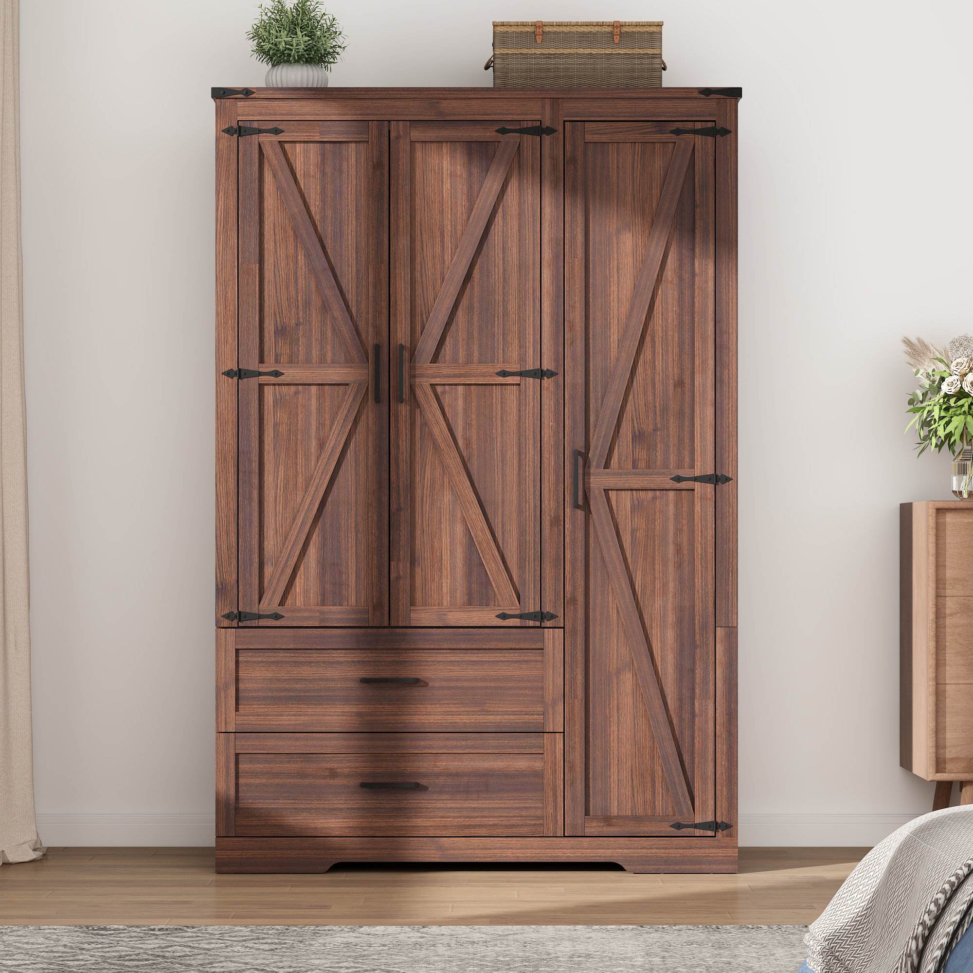 Gracie Oaks Farmhouse 3 Door Armoire Wardrobe With 2 Drawers And ...