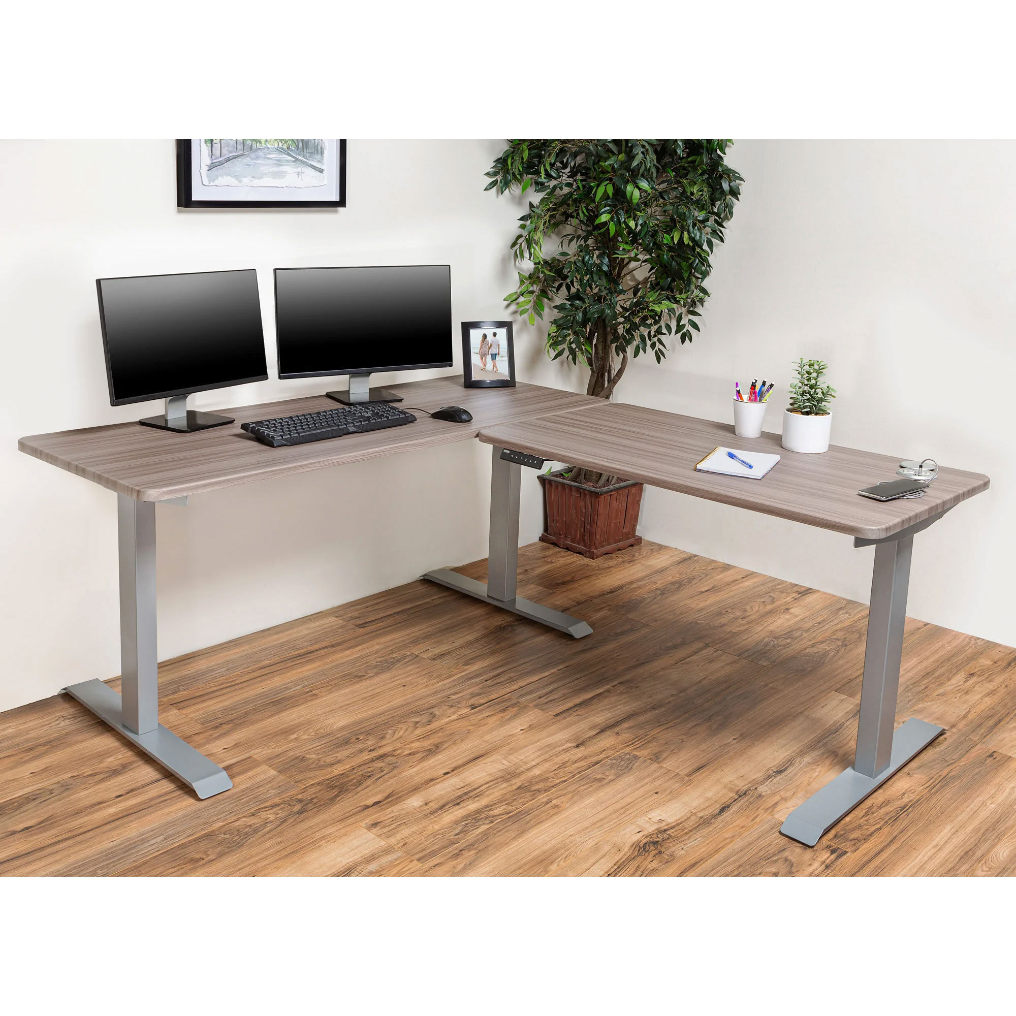 BRODAN Height Adjustable L-Shape Desk with Built in Outlets | Wayfair
