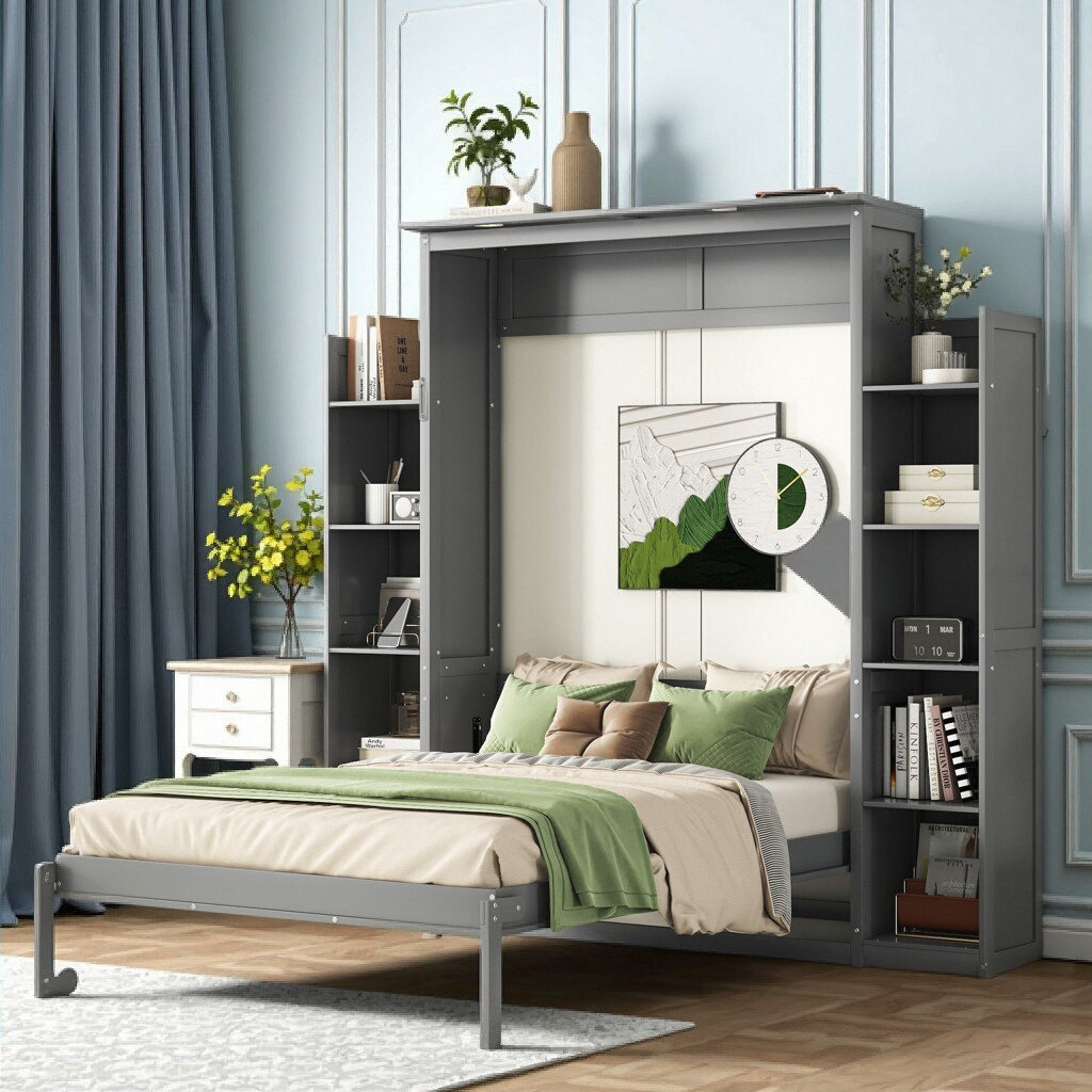 Orren Ellis Solid Wood Murphy Bed Wall Bed with Storage Shelves and ...