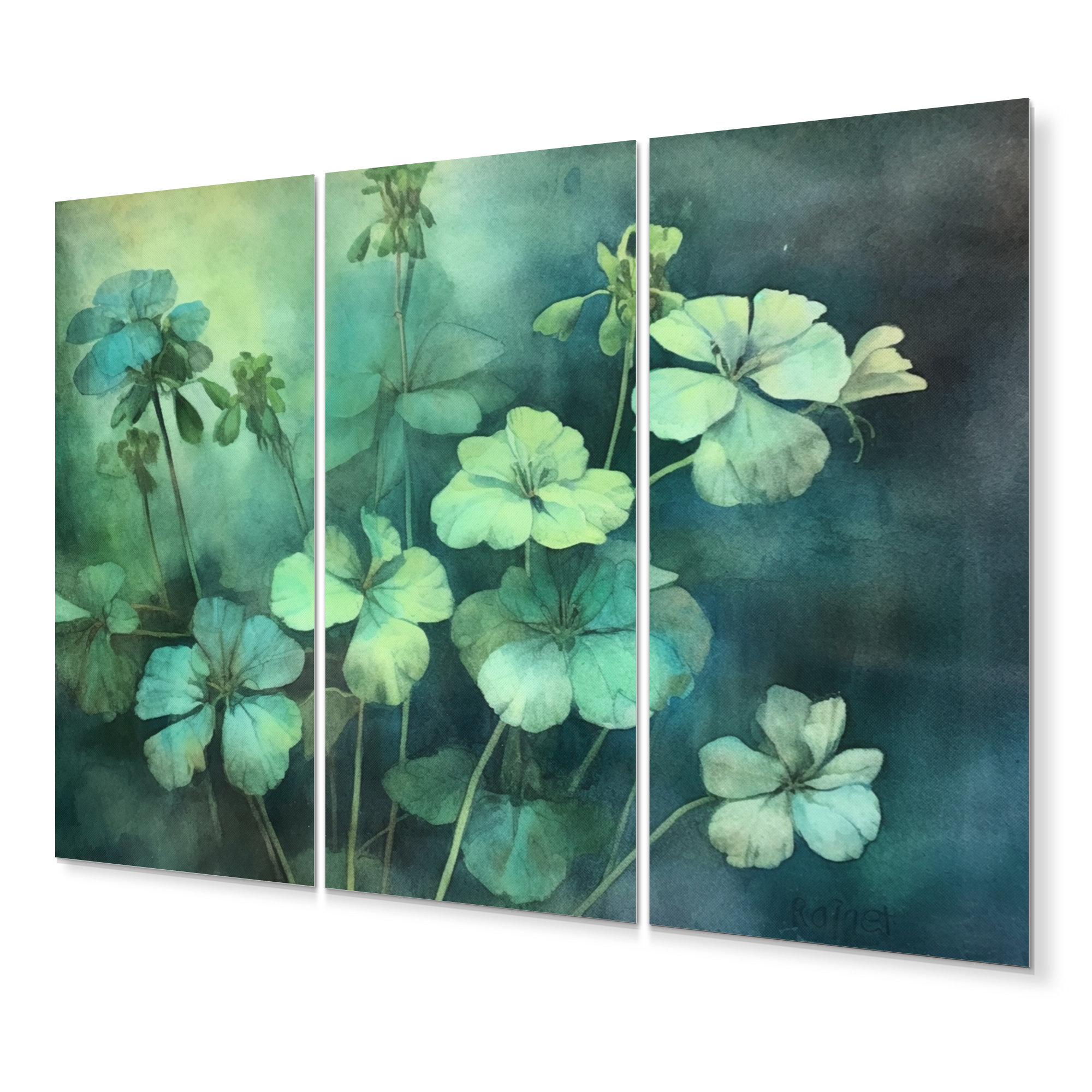 Design Art 3 Green Teal Geraniums Flower Euphony Wall Decor Set Metal | Wayfair