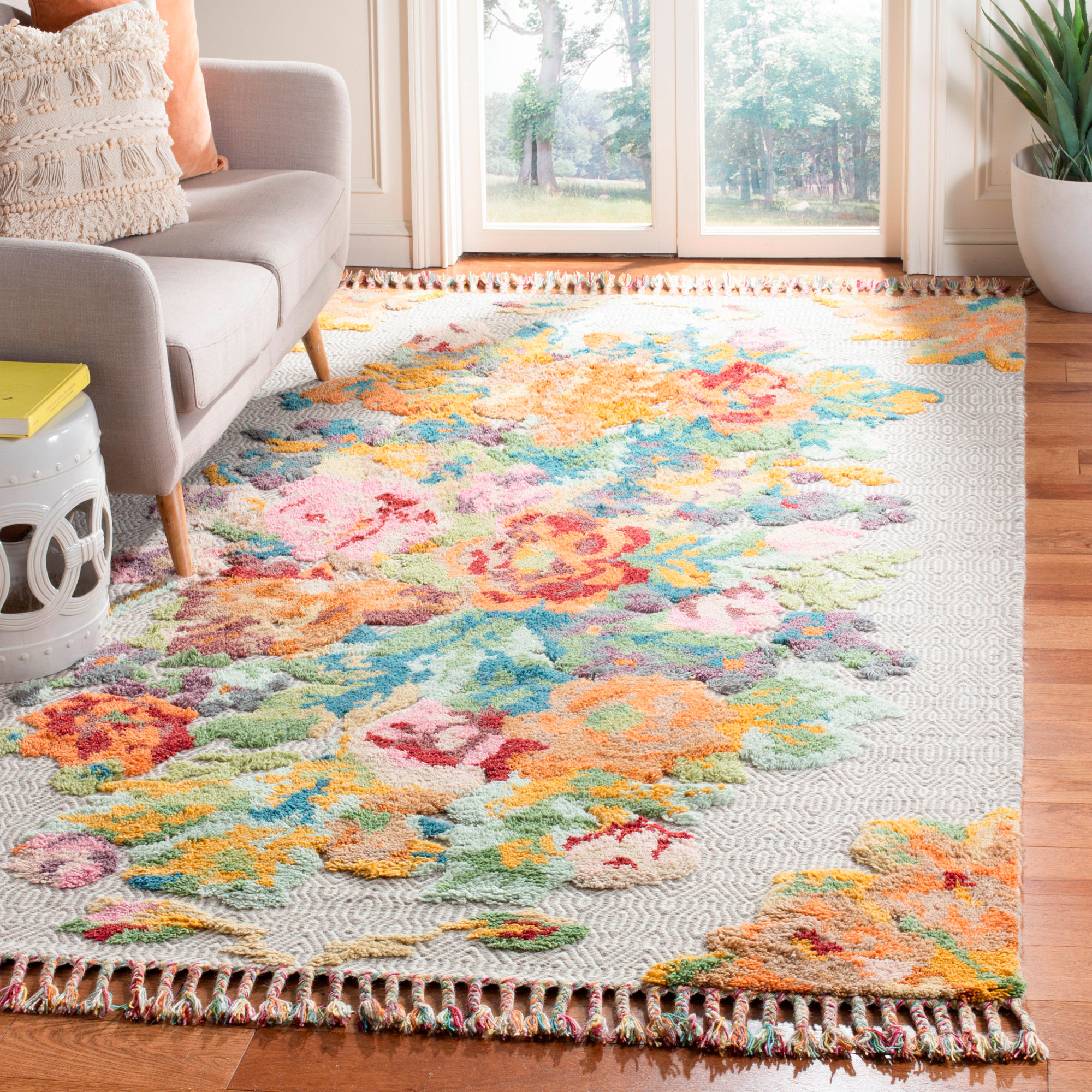 Bungalow Rose Floral Hand Knotted Wool/Cotton Orange Area Rug | Wayfair