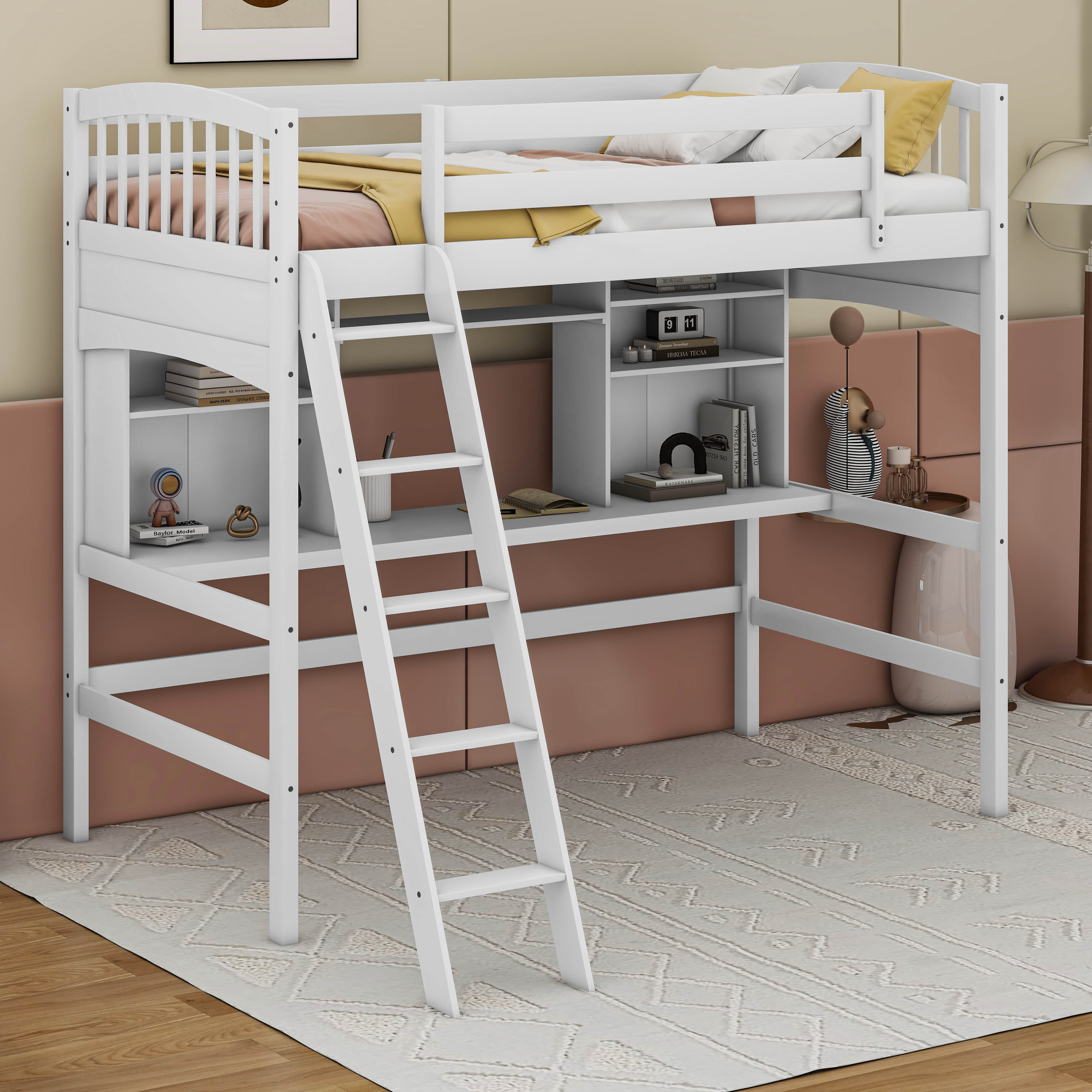 Cosmic Twin size Loft Bed with Storage Shelves, Desk and Ladder | Wayfair