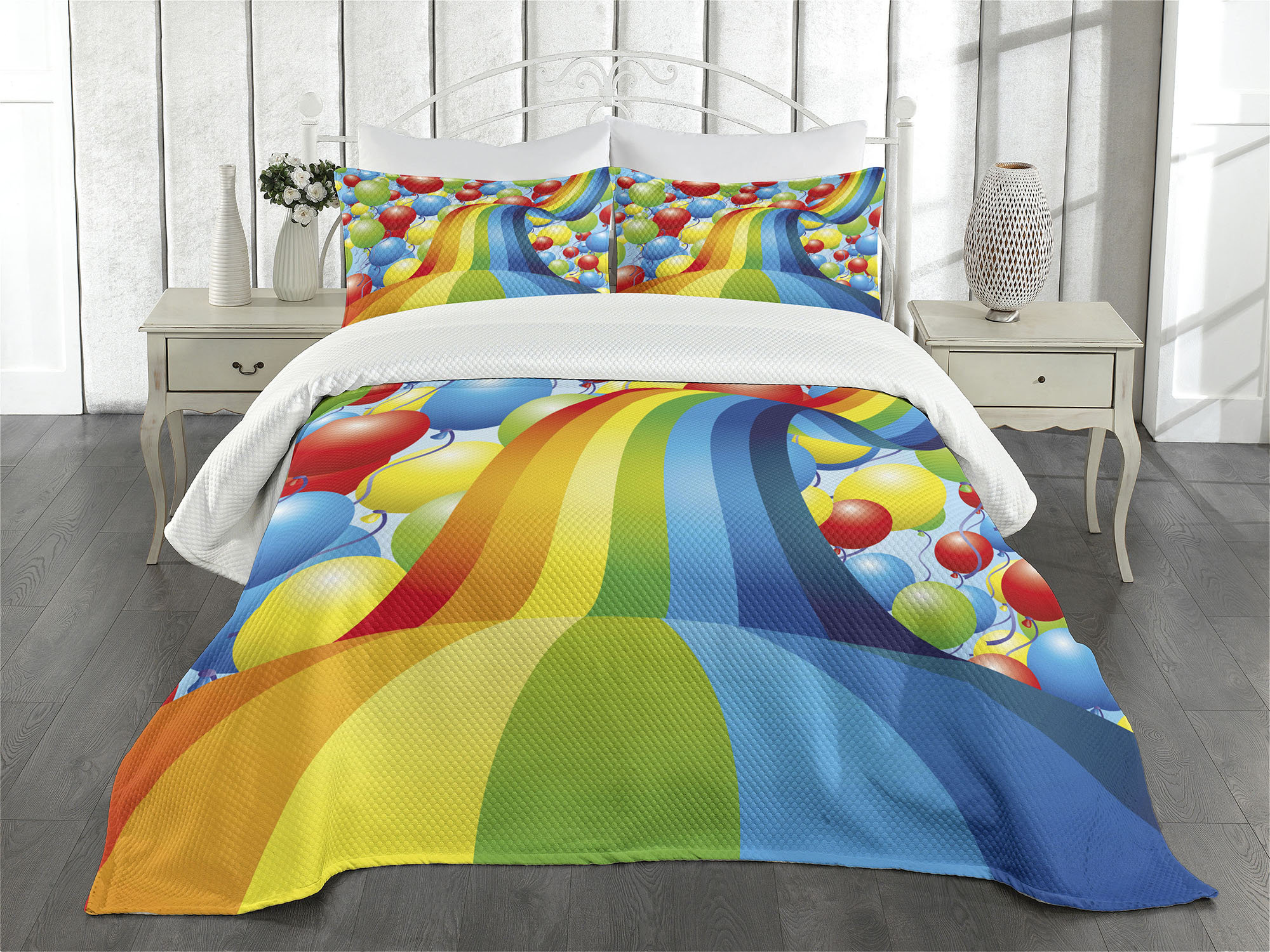 Ambesonne Rainbow Bedspread Set 3 Pcs Balloons Ribbons Wavy Queen ...