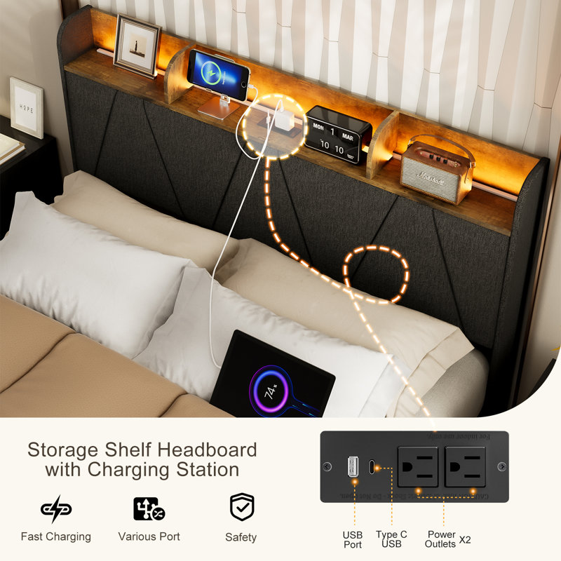 Ivy Bronx Gearl Upholstered Bed With Storage Shelf Headboard & Charging ...