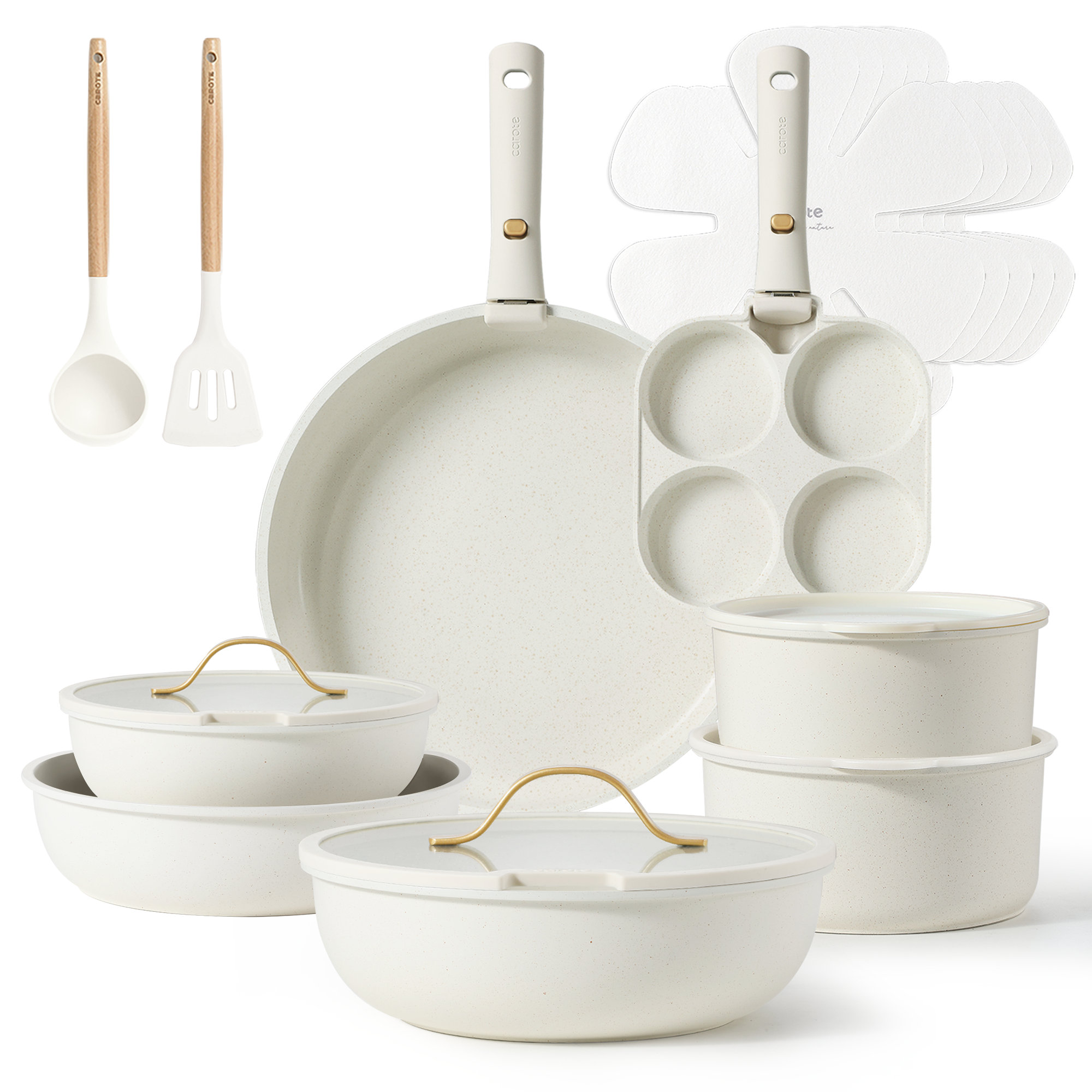 CAROTE 20-Piece Nonstick Cookware Set, Detachable Handle, White, Golden ...