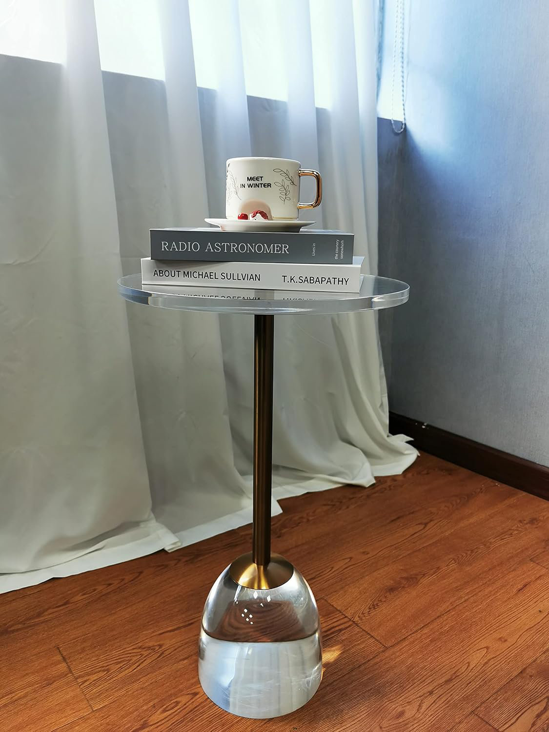 Hokku Designs Modern Clear Acrylic Round Side Table With Brass Metal Support For Living Room ...