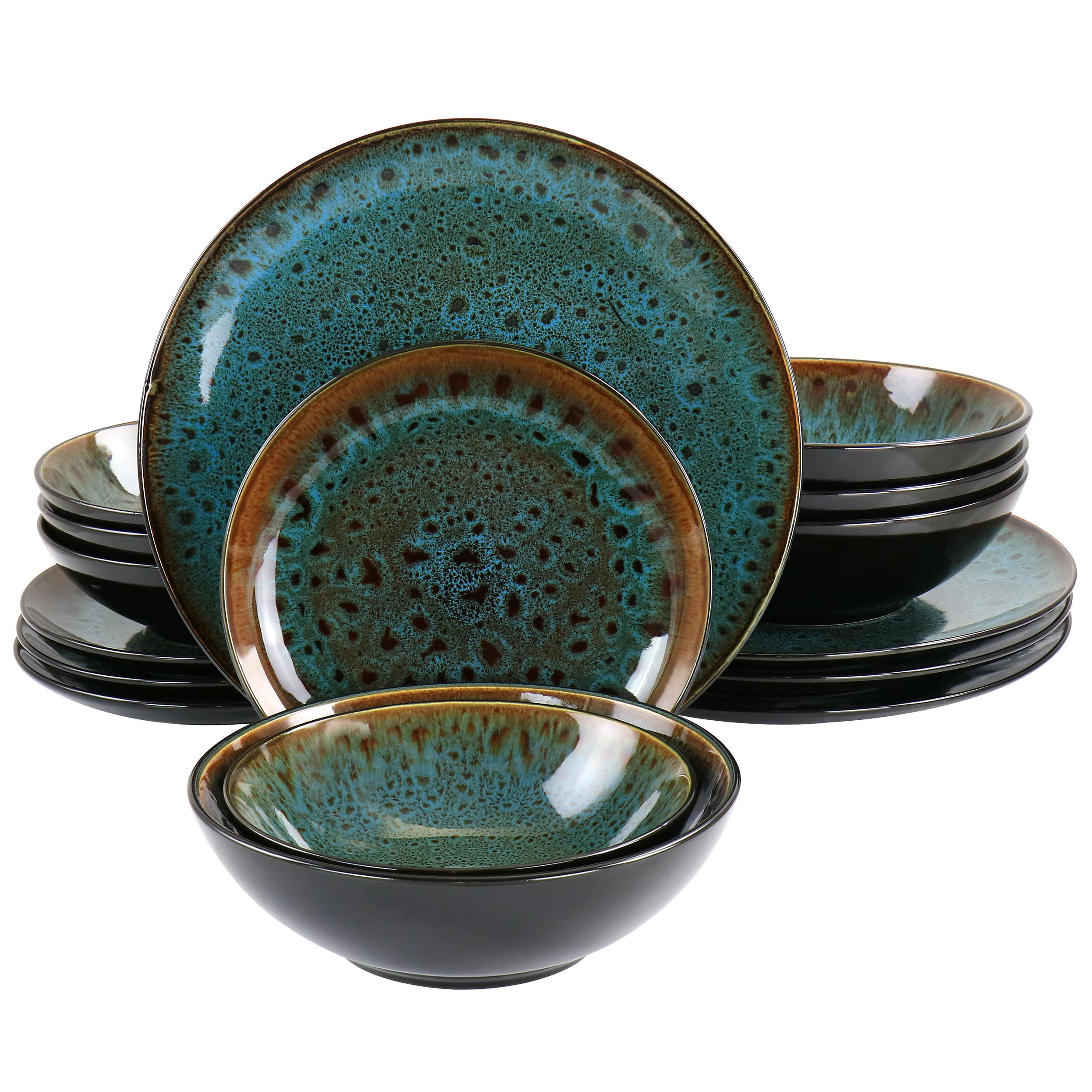 Gibson Elite Kyoto Teal Double Bowl 16 Piece Stoneware Dinnerware Set In Teal And Brown ...
