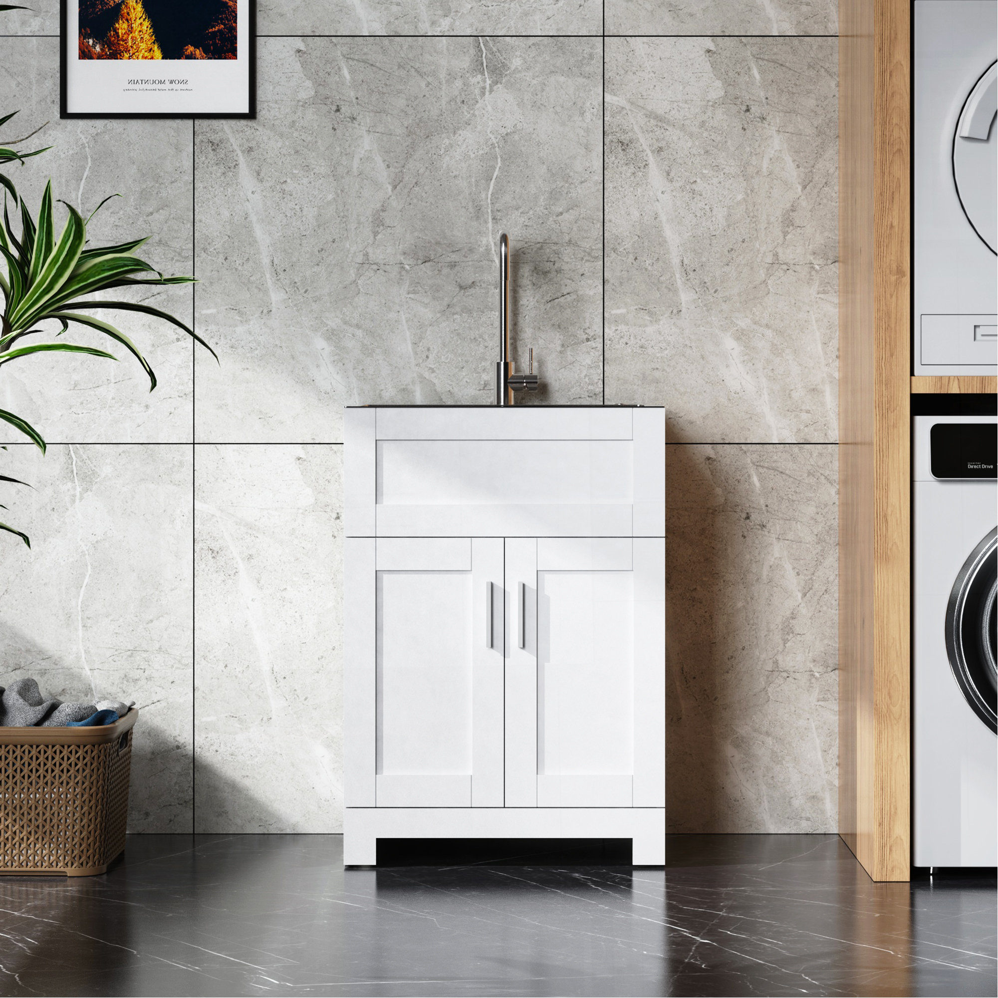 Highland Dunes 24In White Paint Free Laundry Tub Cabinet W/ Stainless ...