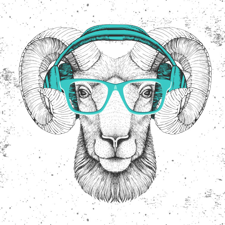 Trinx Baumeister Hipster Animal Ram Or Mouflon With Headphones. Hand ...